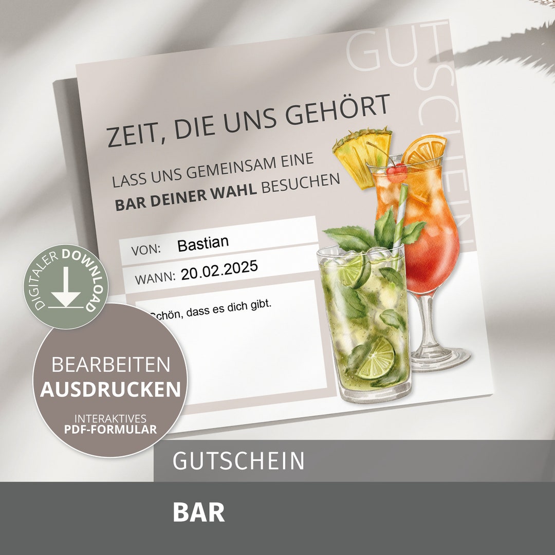Bar Voucher Template, Cocktail, Gift Idea, Digital Voucher, PDF ...