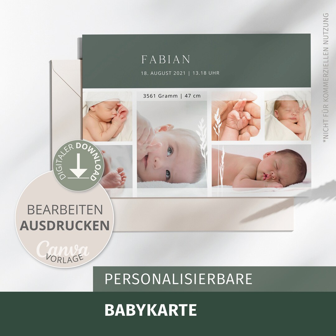 Babykarte - Canva Vorlage - Karte zur Geburt personalisiert, Grußkarte ...