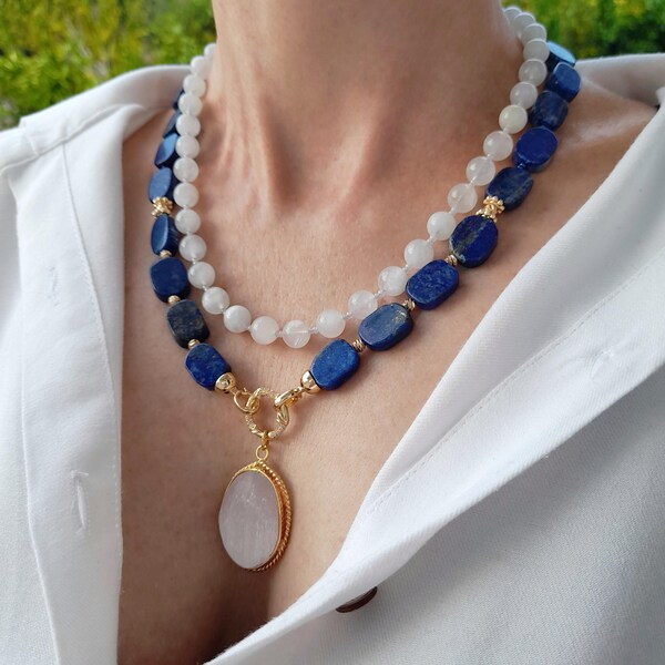 Chunky Pink White Rose Quartz Nejef Heart Pendant Wedding Necklace ...