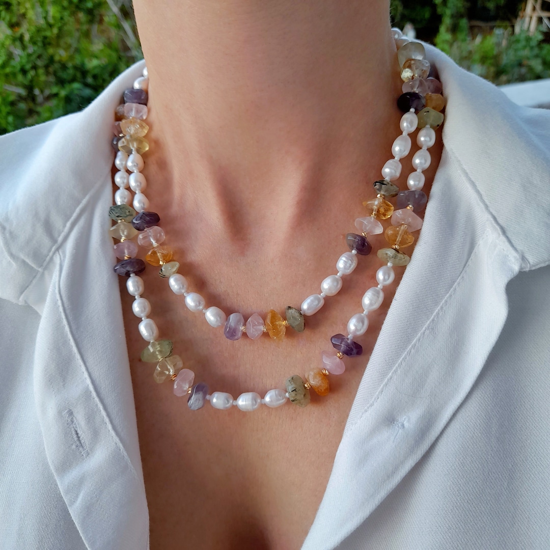 Mixed Stone Pearl Layer Necklace Christmas Women Gift. Statement Chunky ...