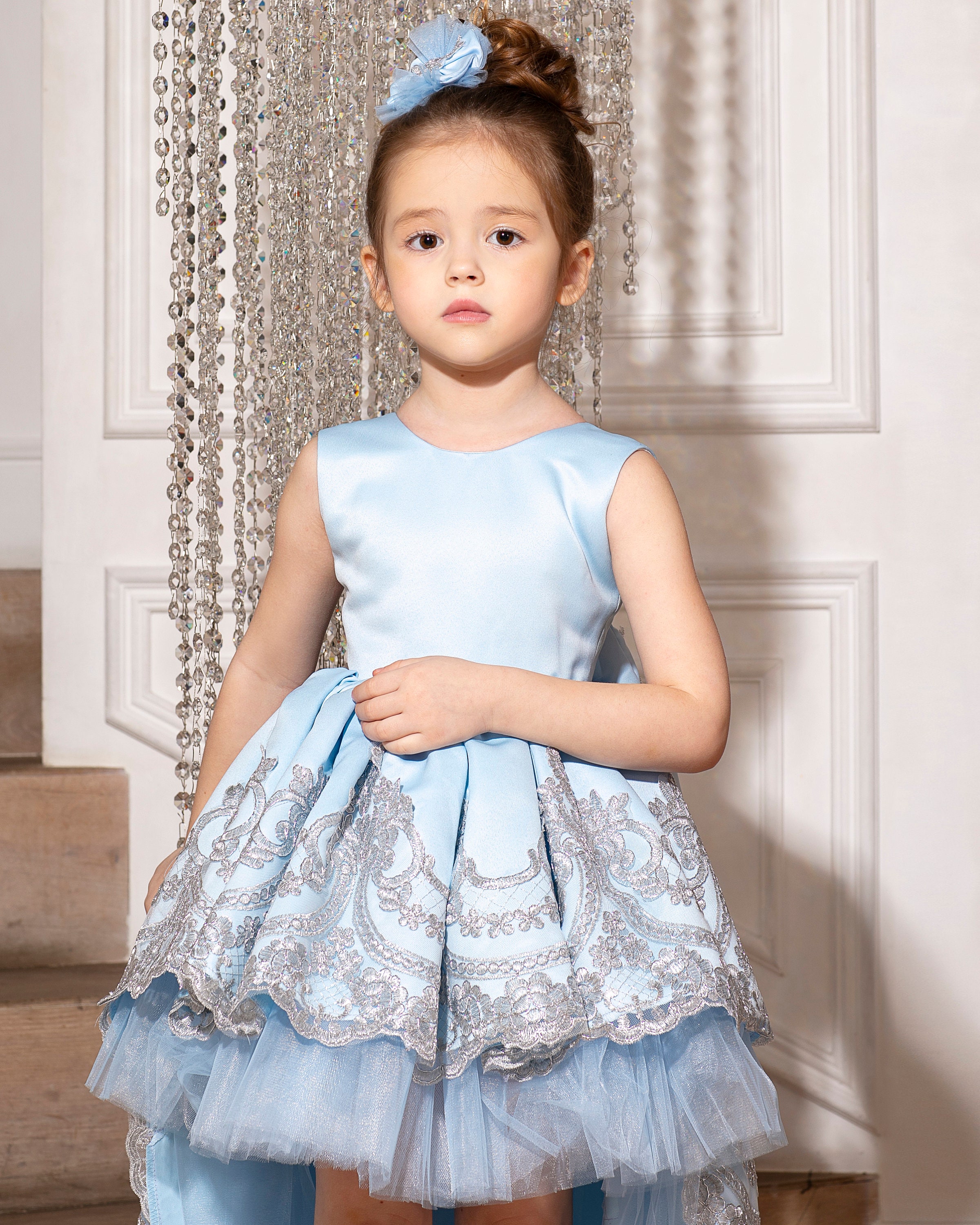 Princess Girl Dress Sky Blue With Silver Lace Royal Dress for | Etsy