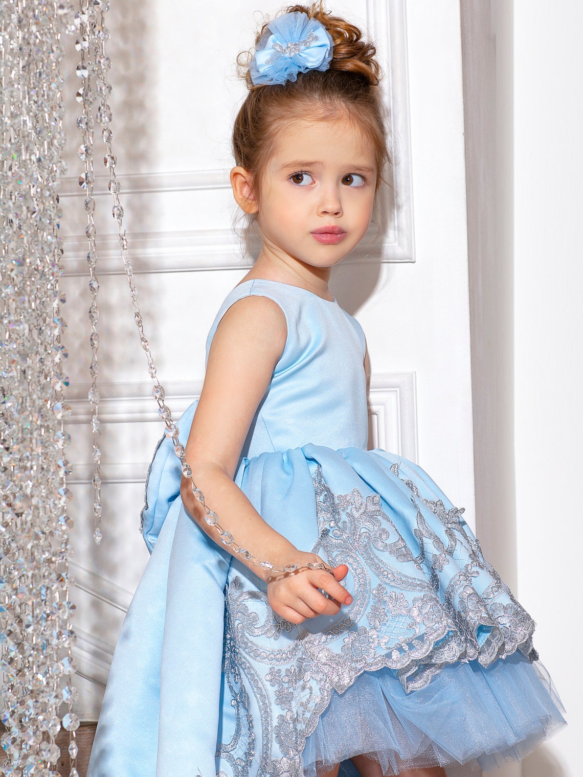 Princess Girl Dress Sky Blue With Silver Lace Royal Dress for | Etsy