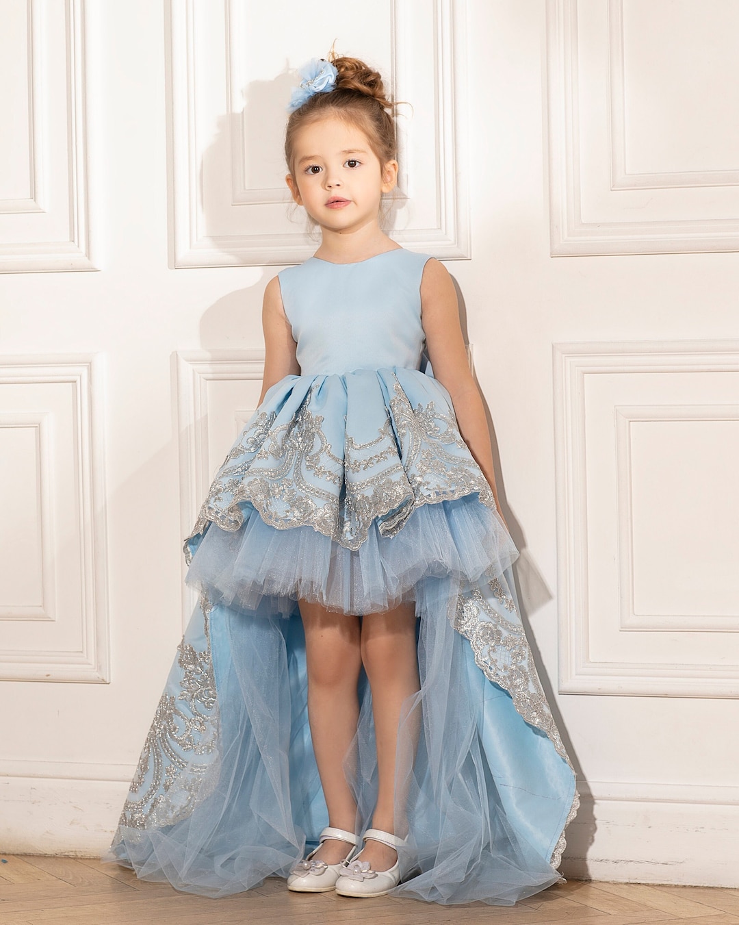 Princess Girl Dress Sky Blue With Silver Lace Royal Dress for - Etsy