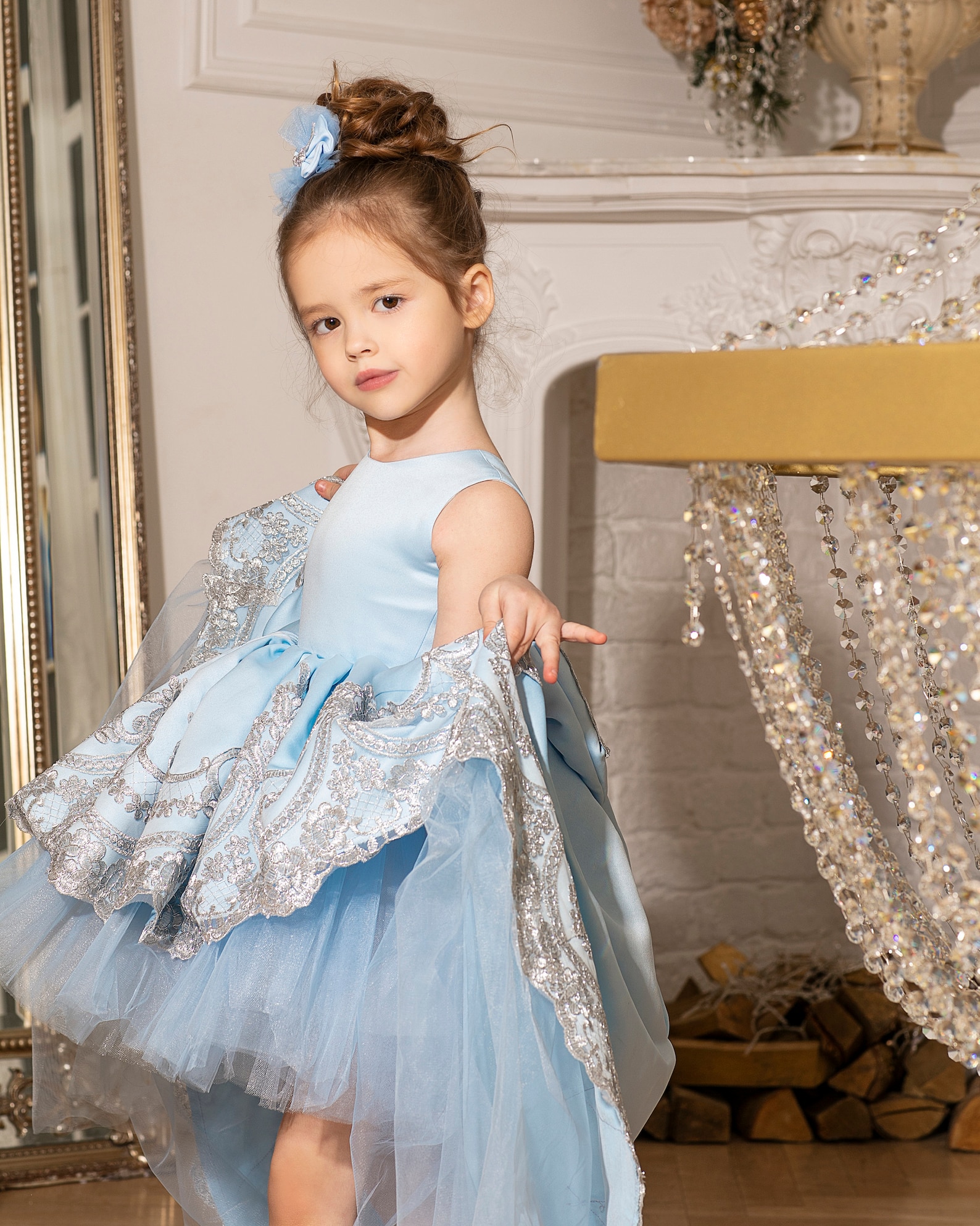 Princess Girl Dress Sky Blue With Silver Lace Royal Dress for | Etsy