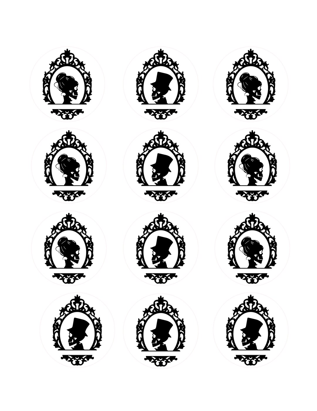 Edible B&W Halloween Skeleton Couple Cameos Cupcake Cake Drink Topper ...