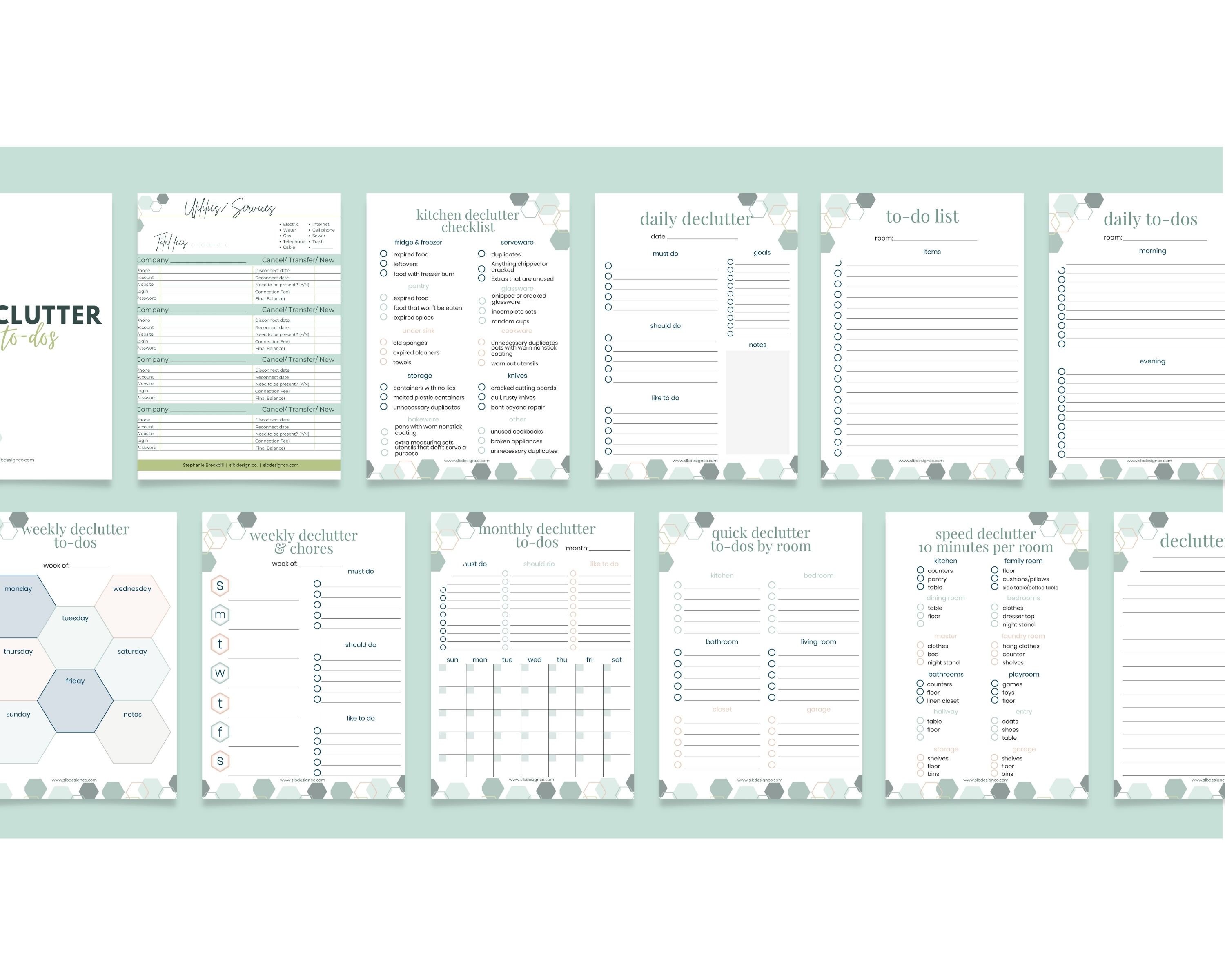 Ultimate Decluttering Planner INSTANT DOWNLOAD Printable Binder Tablet Green Blue Hexagons 53 ...
