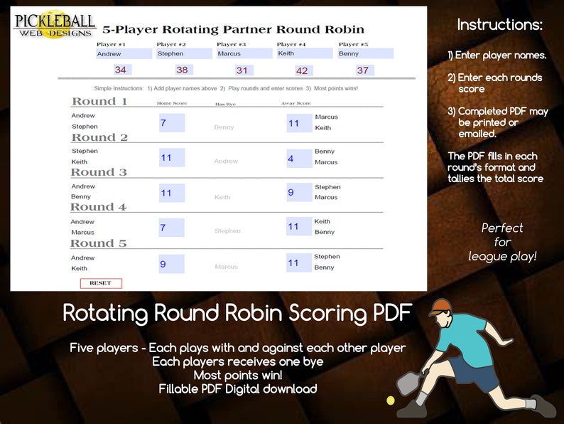 5-player Rotating Round Robin Scoring PDF (fillable) - Etsy