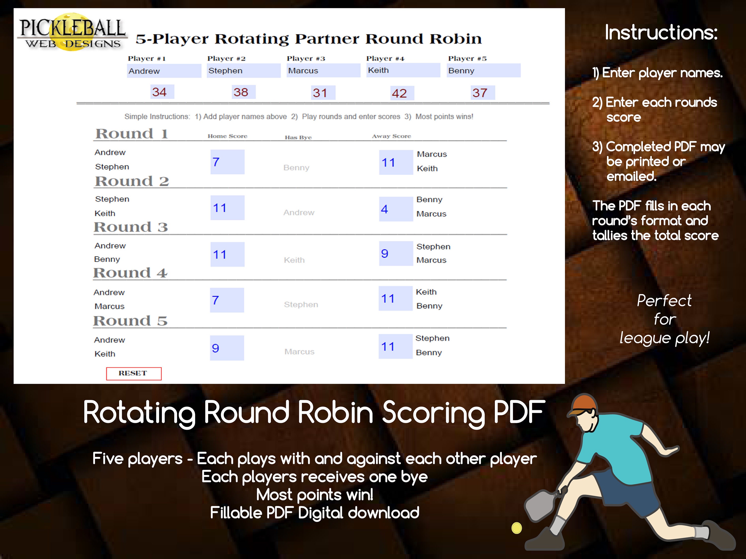 5-player Rotating Round Robin Scoring PDF (fillable) - Etsy