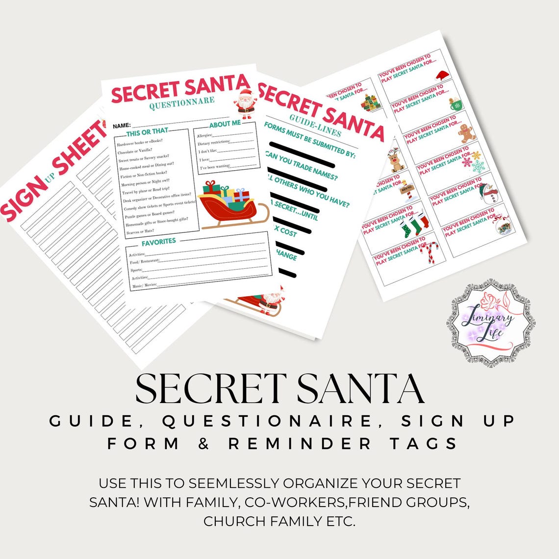 Secret Santa Organizer Kit , Secret Santa Gift Exchange, Santa Survey ...