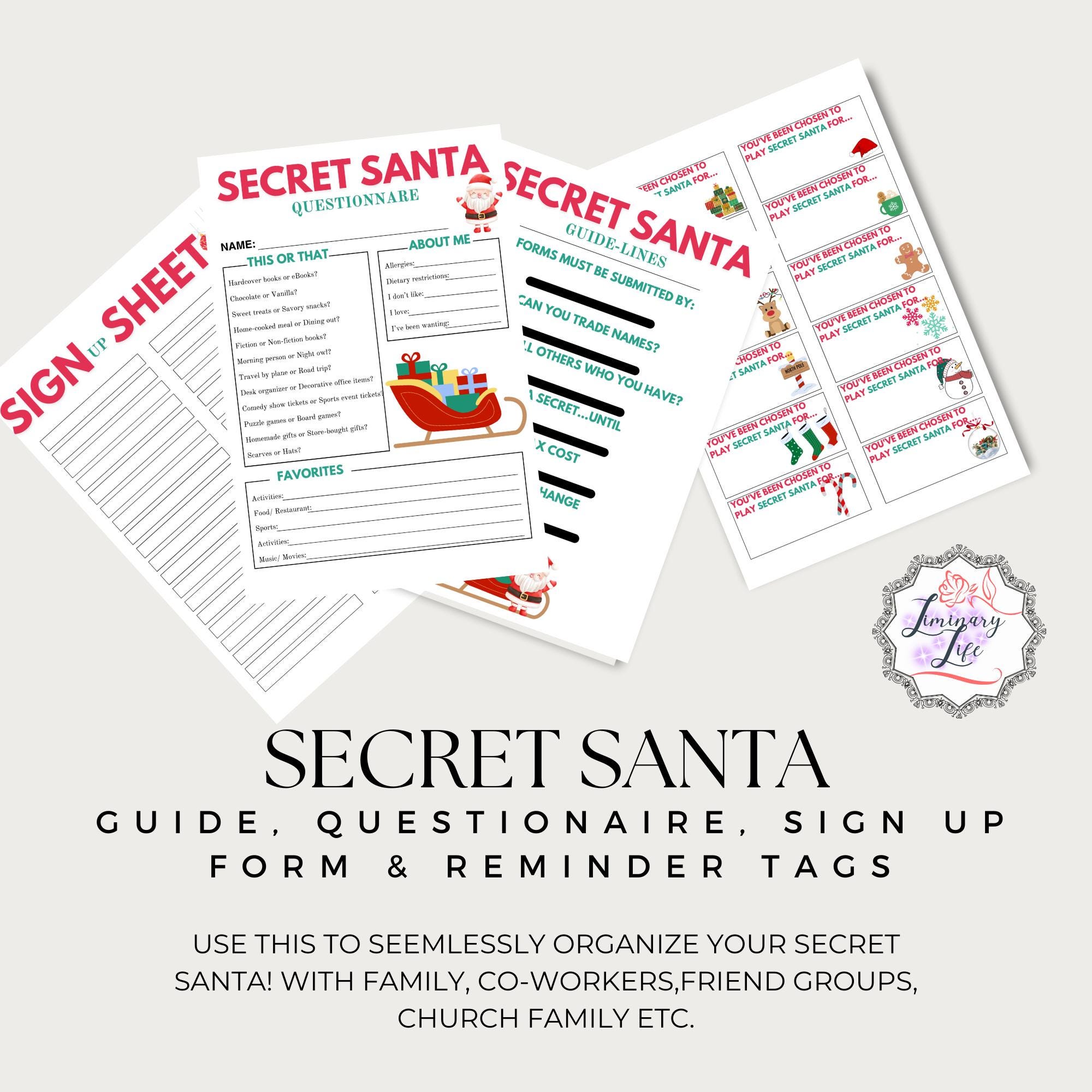 Secret Santa Organizer Kit , Secret Santa Gift Exchange, Santa Survey ...