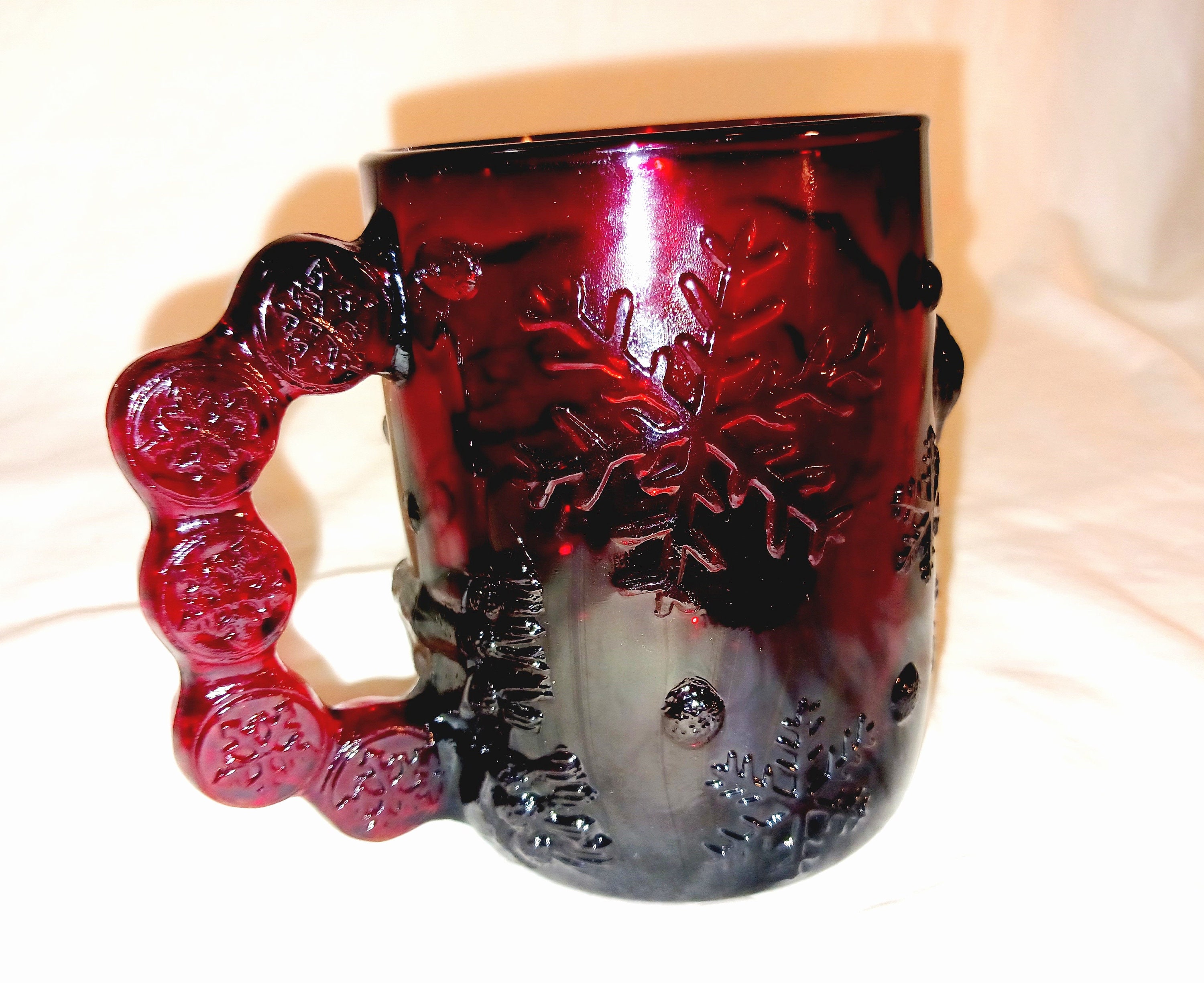 Vintage Ruby Red Glass Mug With Embossed Snowman & Snowflakes - Etsy