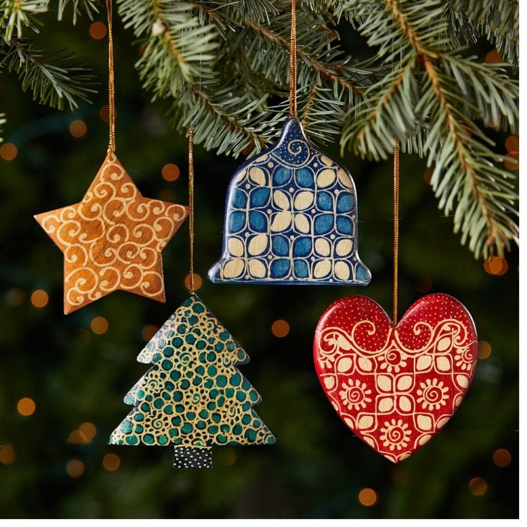 Indonesia Handcarved Batik Painted Wood Cookie Shapes Ornament - Etsy