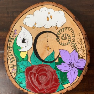 Floral Moon Pyrography Wood Round - Etsy