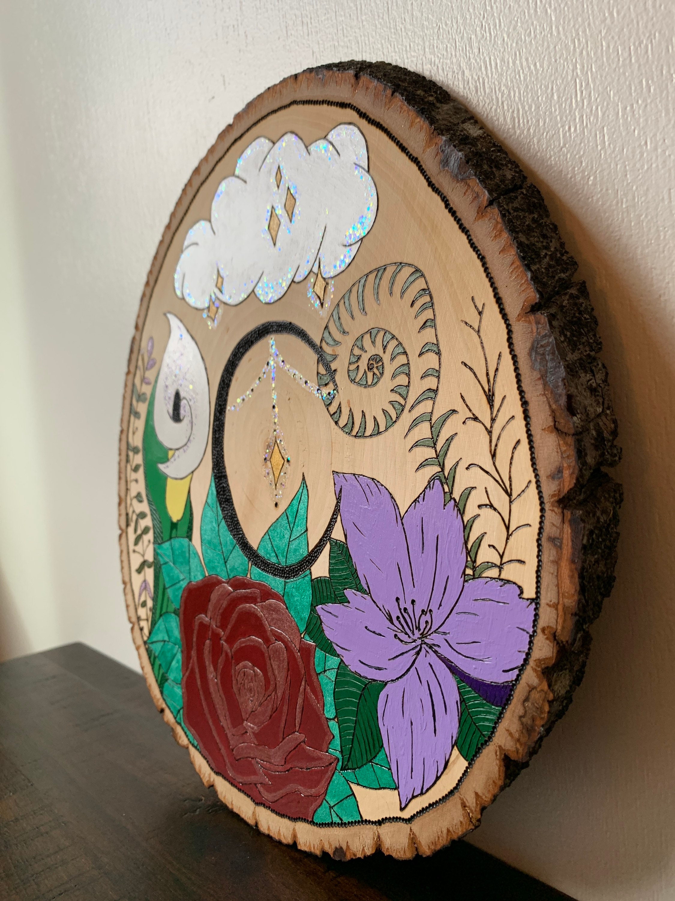 Floral Moon Pyrography Wood Round - Etsy