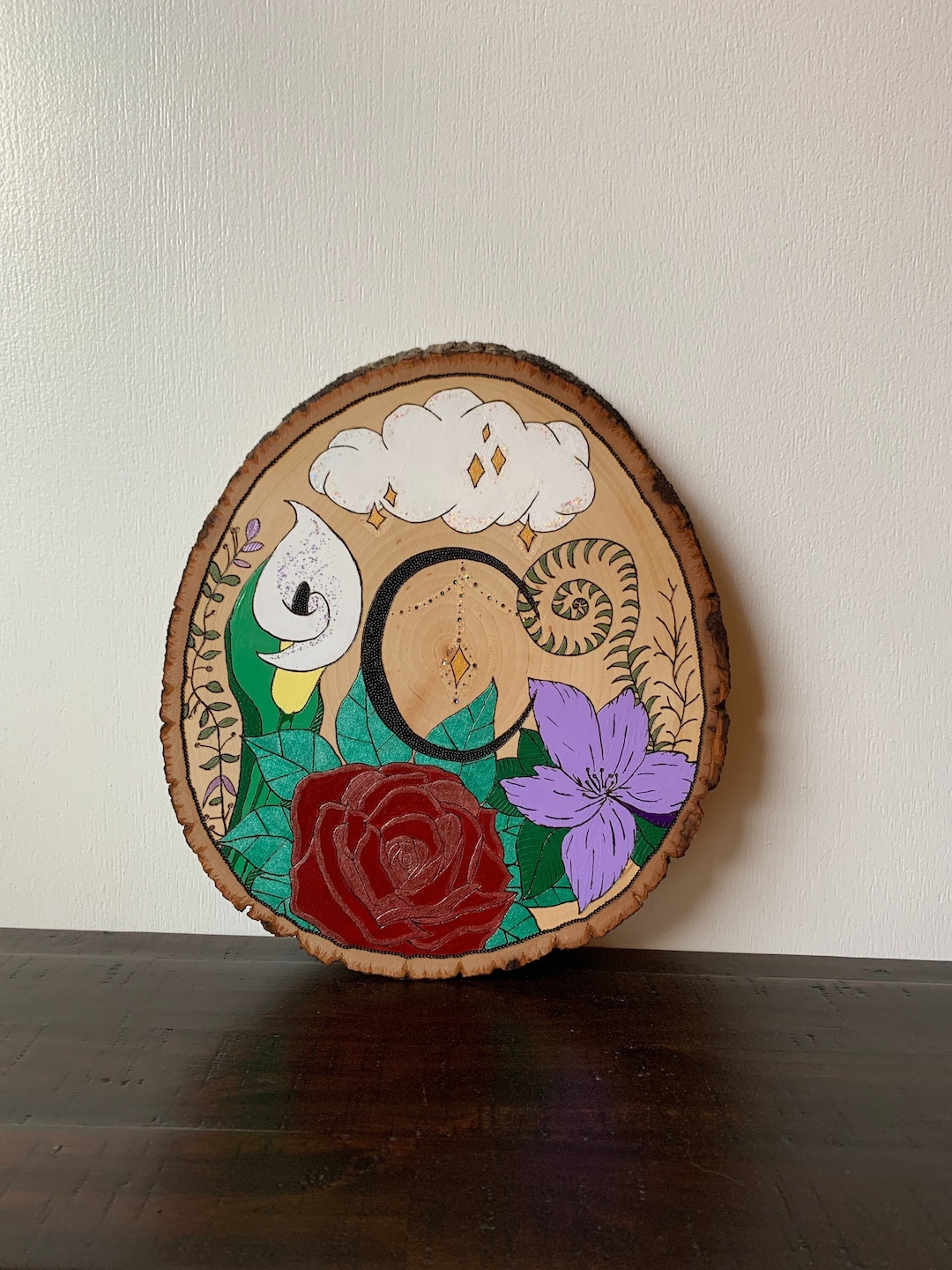 Floral Moon Pyrography Wood Round - Etsy