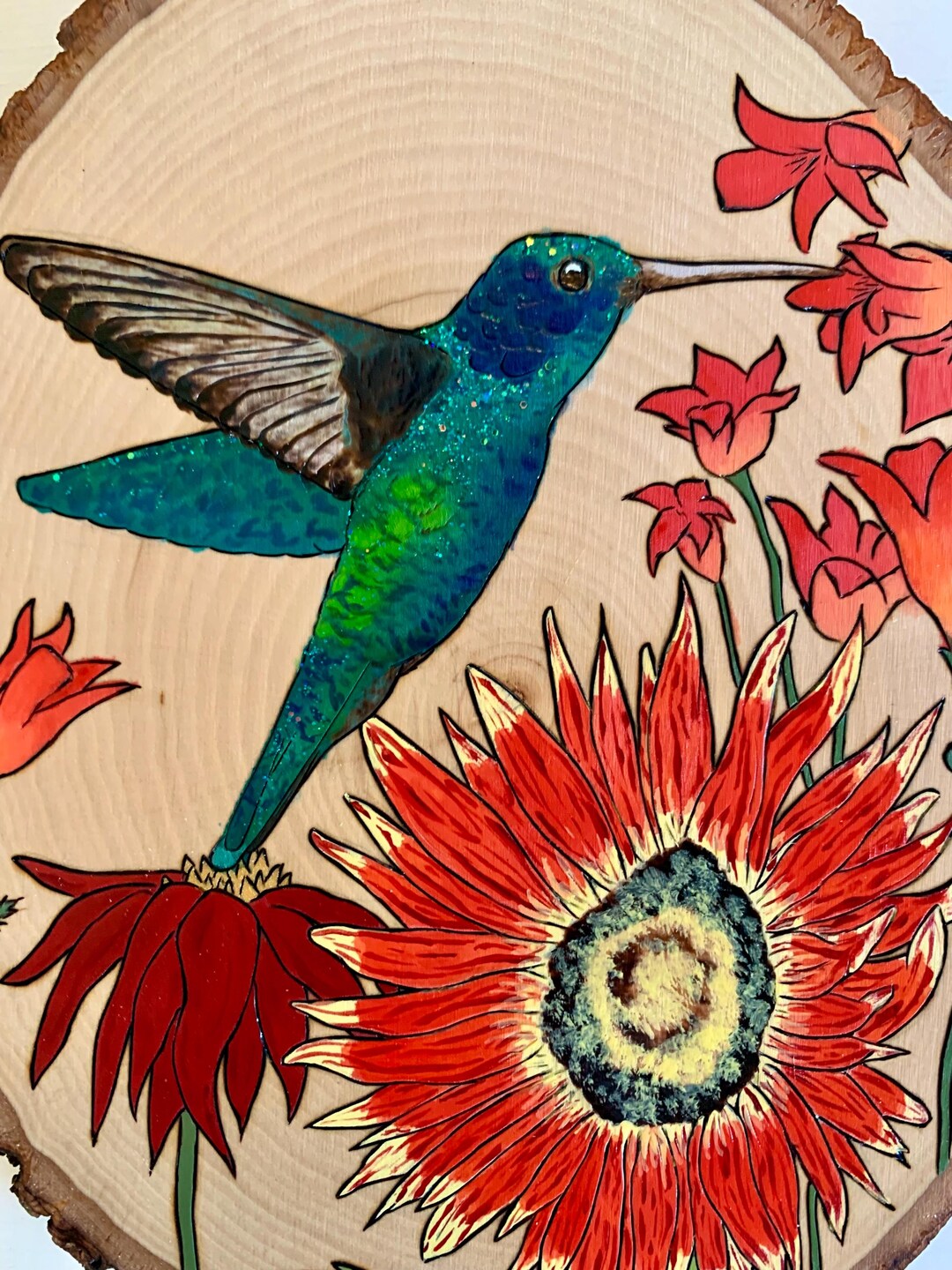 Hummingbird Pyrography Original Medium Wood Round - Etsy