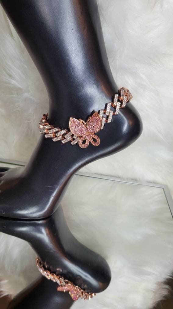 Cuban Link Butterfly Anklet Bracelet Chunky Rhinestone Miami Sandals Bling Anklets Gift for Girlfriend Etsy