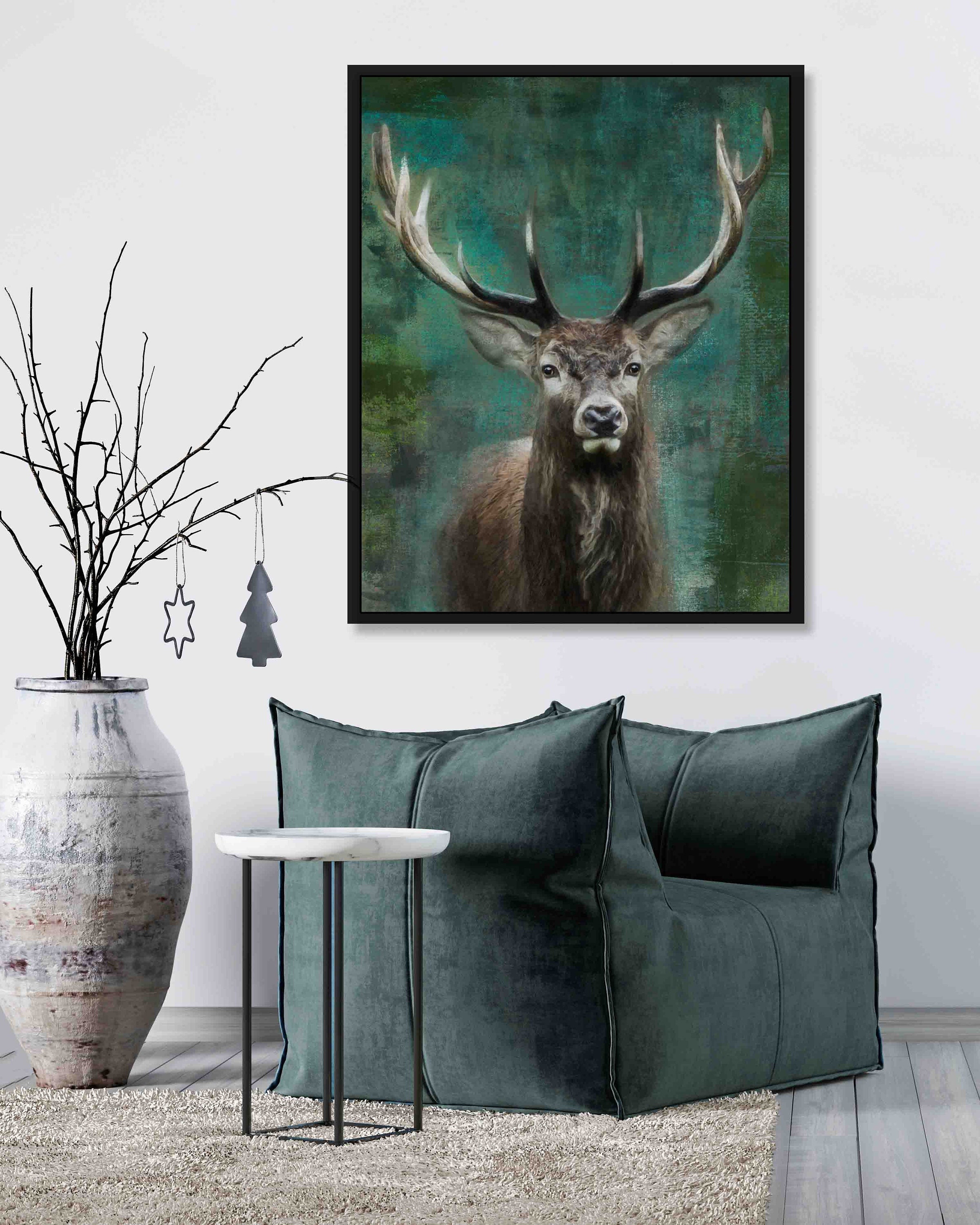 Hirsch Bild Hochformat Leinwand Hirsch modern Wandbild grün abstrakt ...