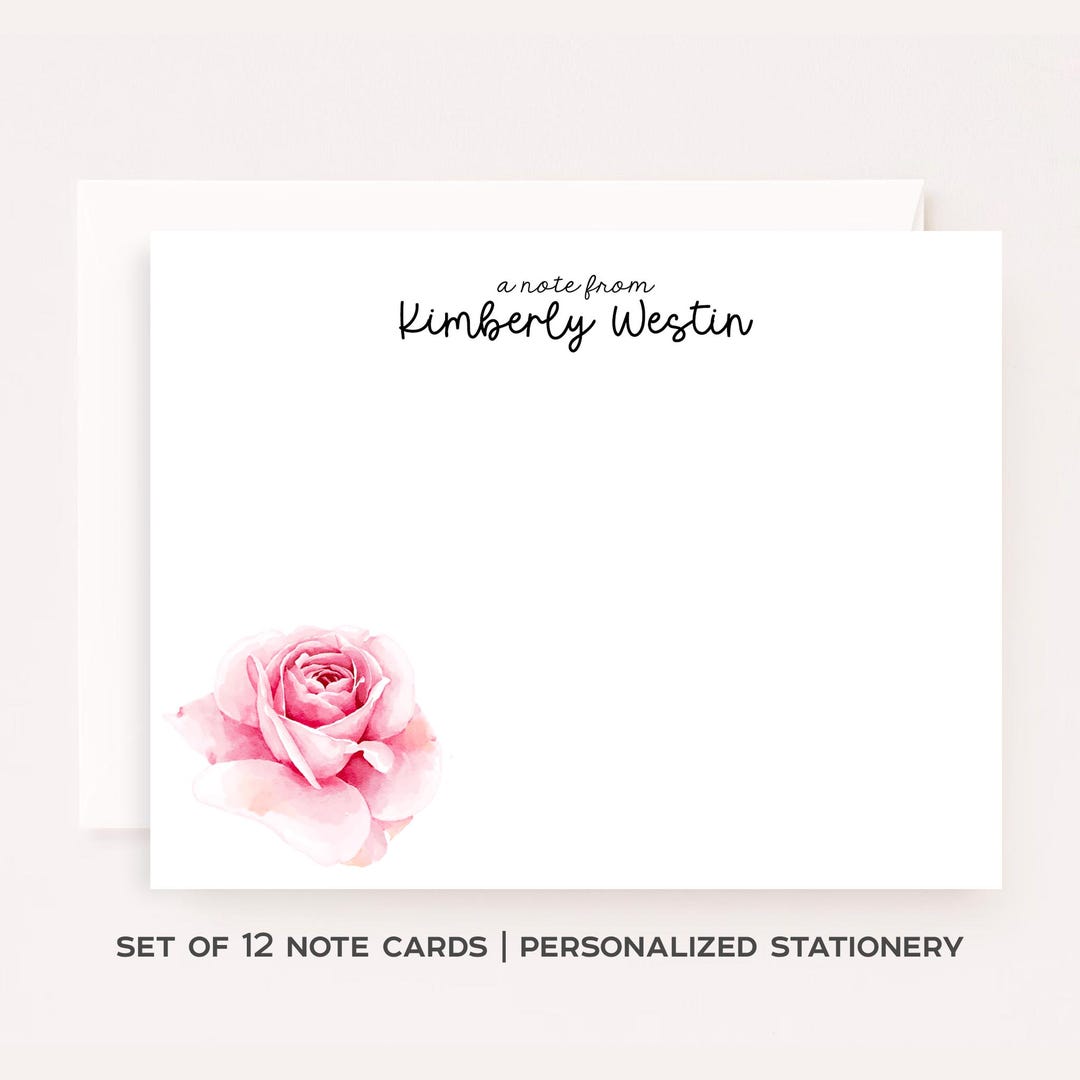 Personalized Rose Stationery • Pink Floral Notecard Set • Custom Name ...