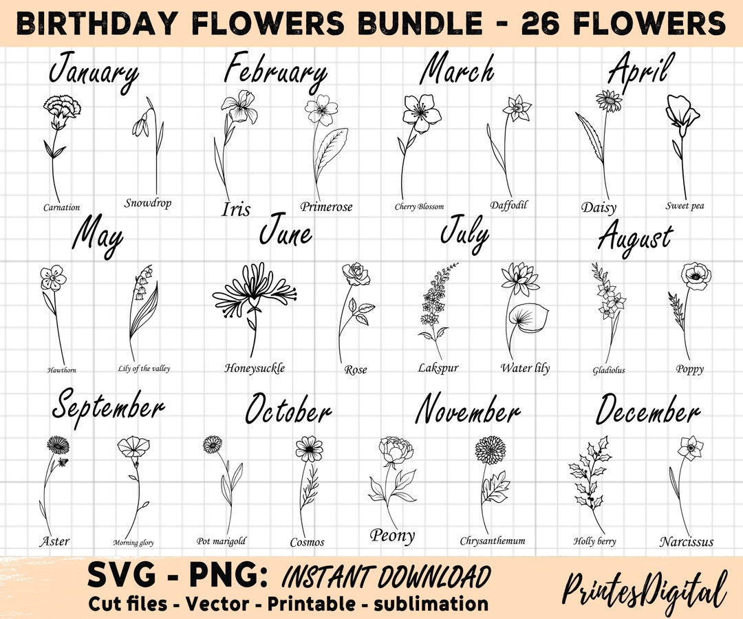 Birthday Flower Bundle, Birthday Flower Svg Png, Birthmonth Svg Png ...