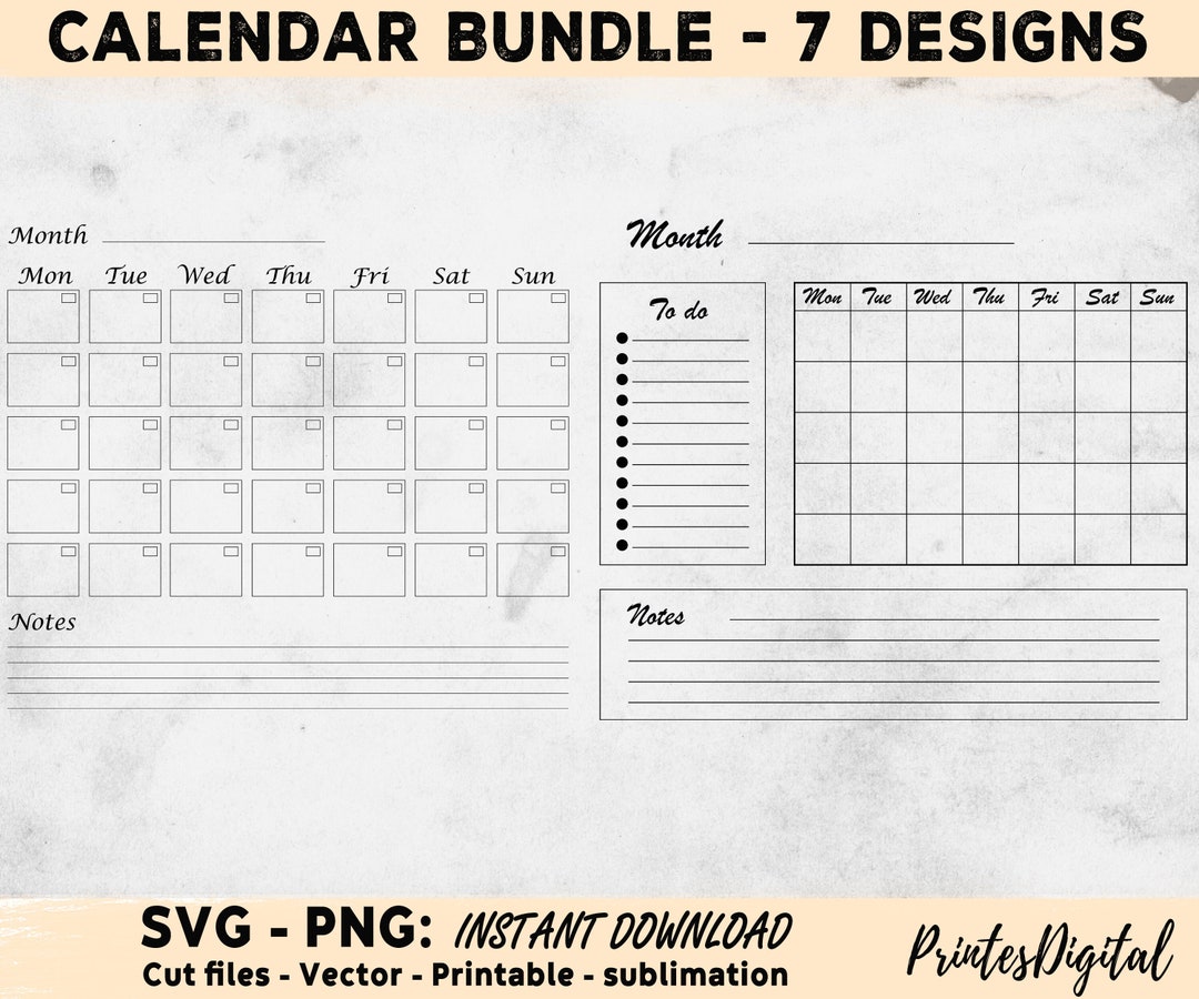 7 Calendar Svg Bundle, Calendar Png, Calendar Svg, Blank Calendar With ...
