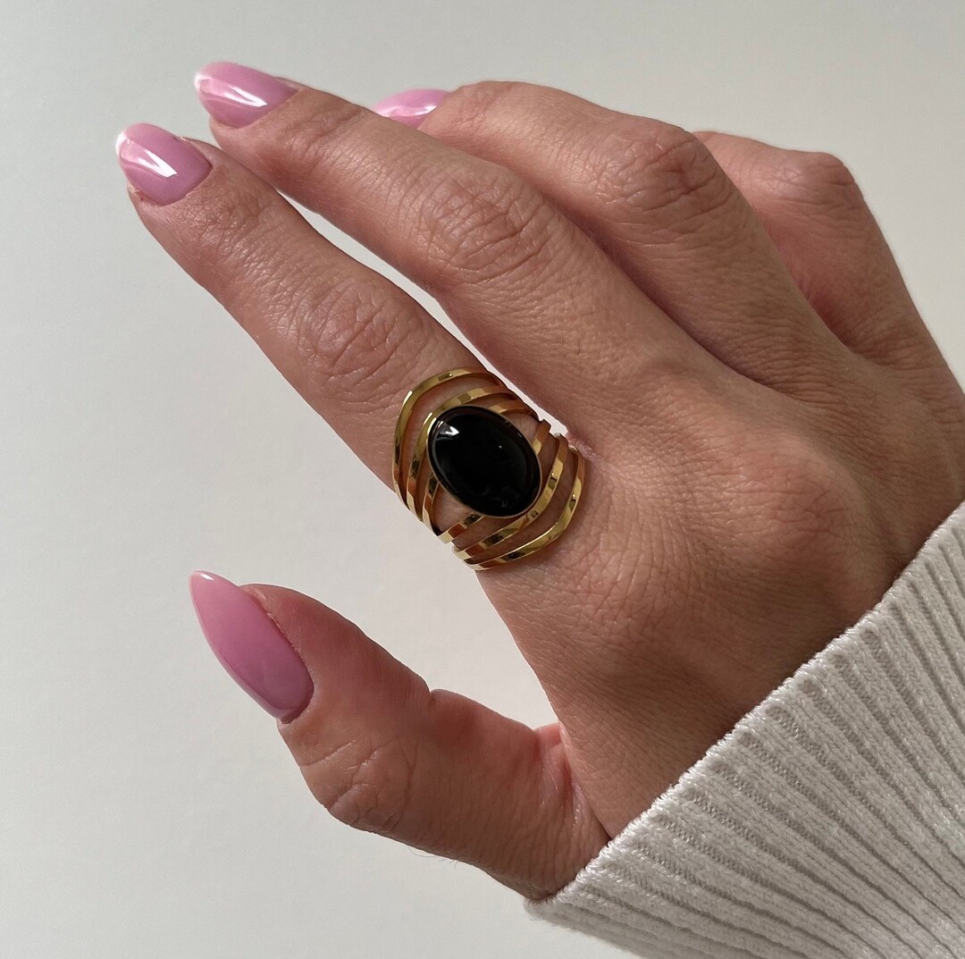 Stainless Steel Adjustable Black Stone Ring - Etsy