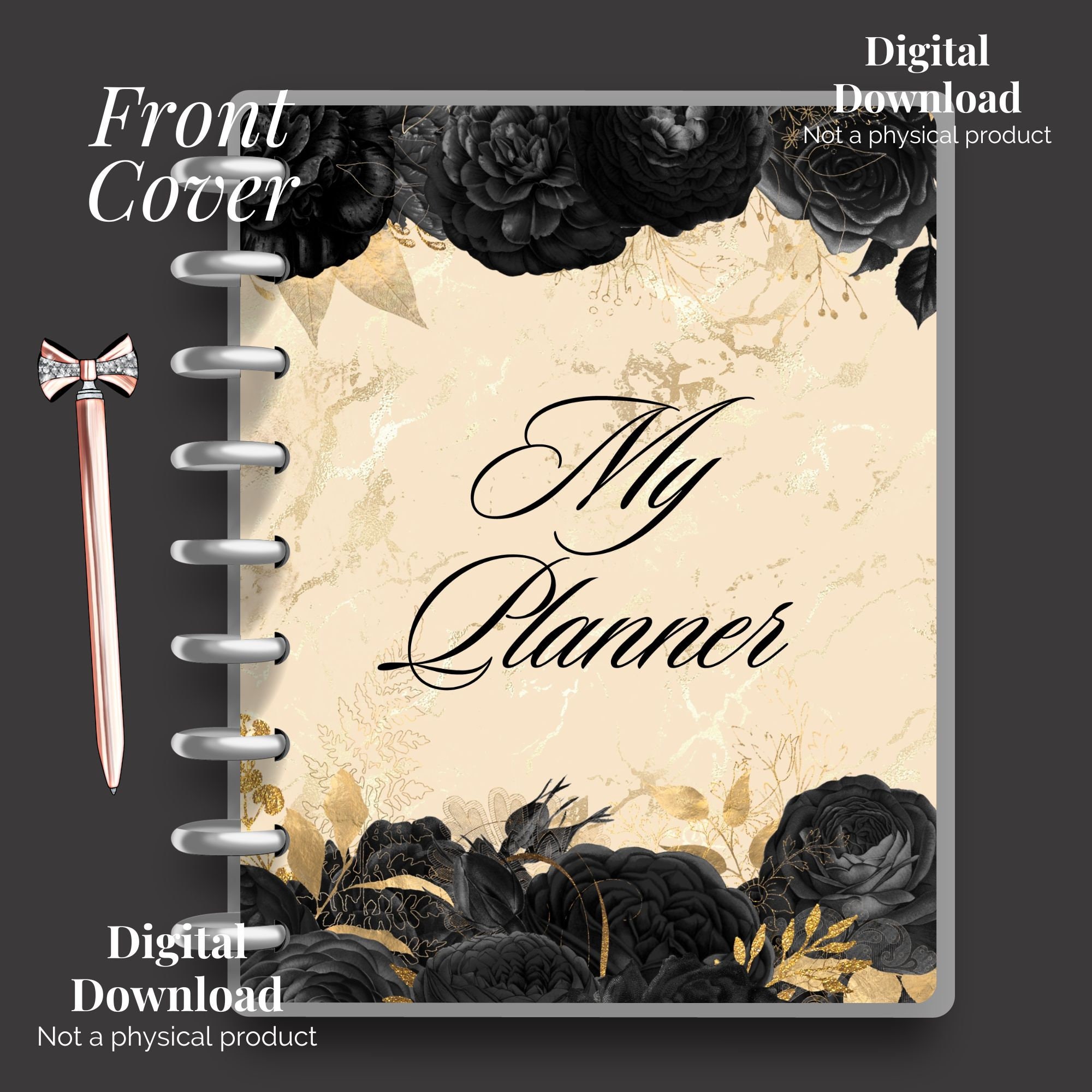Black Peony & Roses Printable Planner Covers, Printable Cover Page ...
