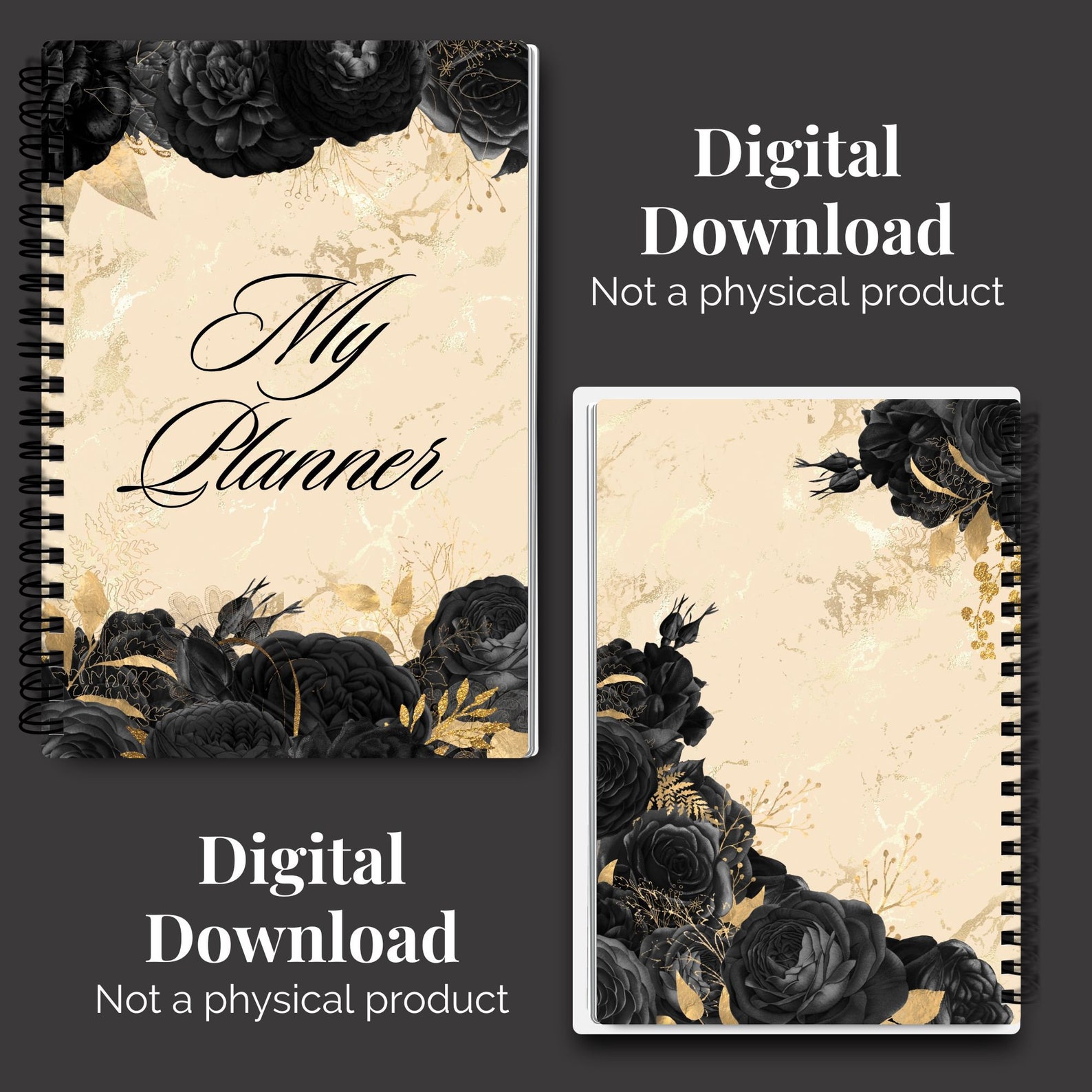 Black Peony & Roses Printable Planner Covers, Printable Cover Page ...