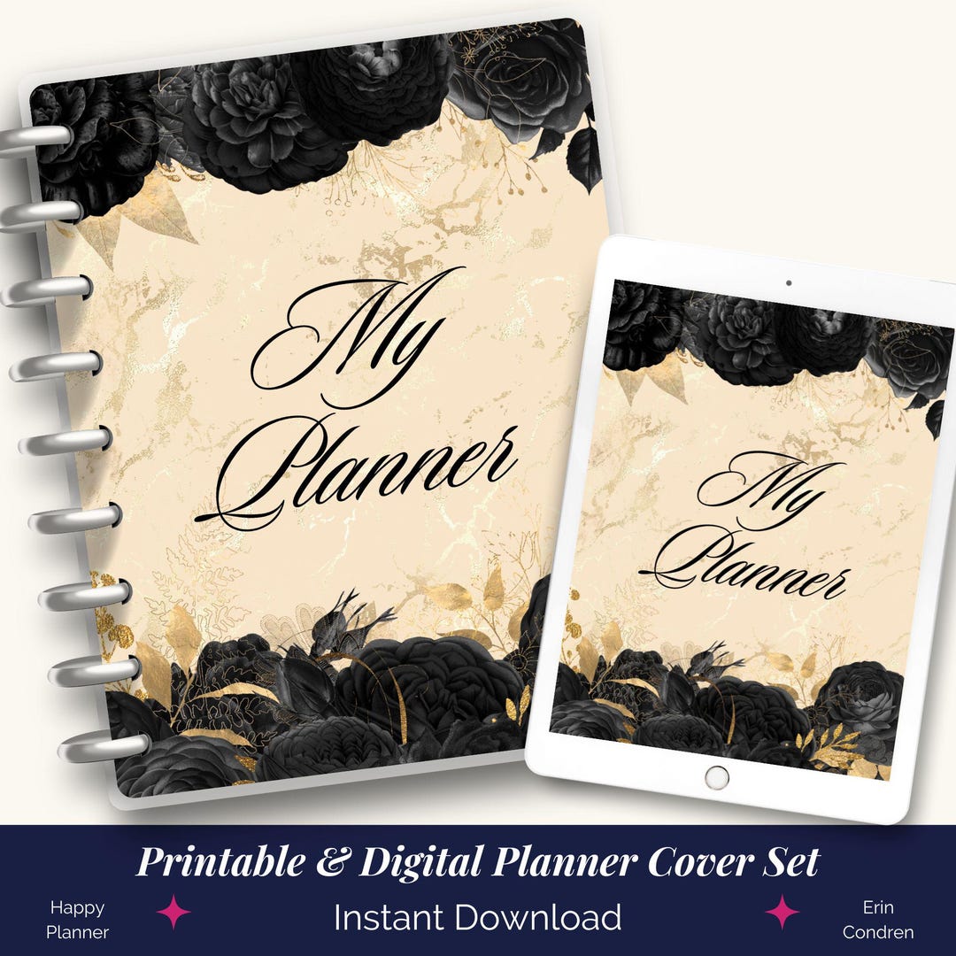 Black Peony & Roses Printable Planner Covers, Printable Cover Page ...