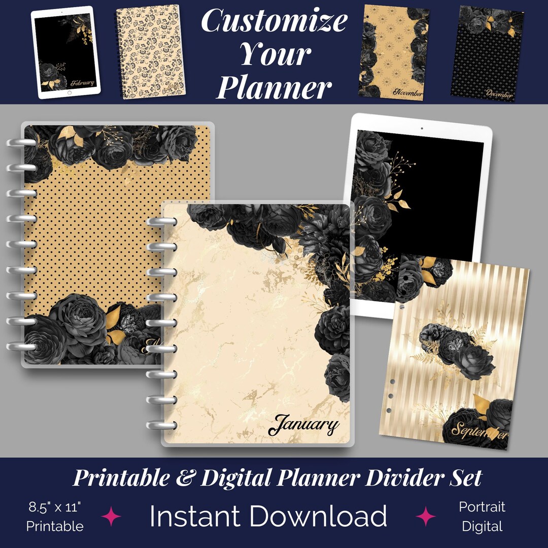 Black Peony & Roses Printable Monthly Dashboards, Planner Dividers ...