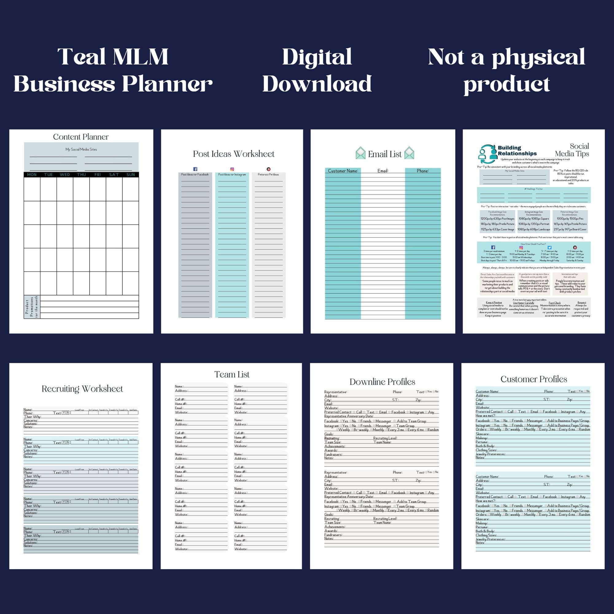 Teal MLM Business Planner, Printable Small Business Planner, Direct ...