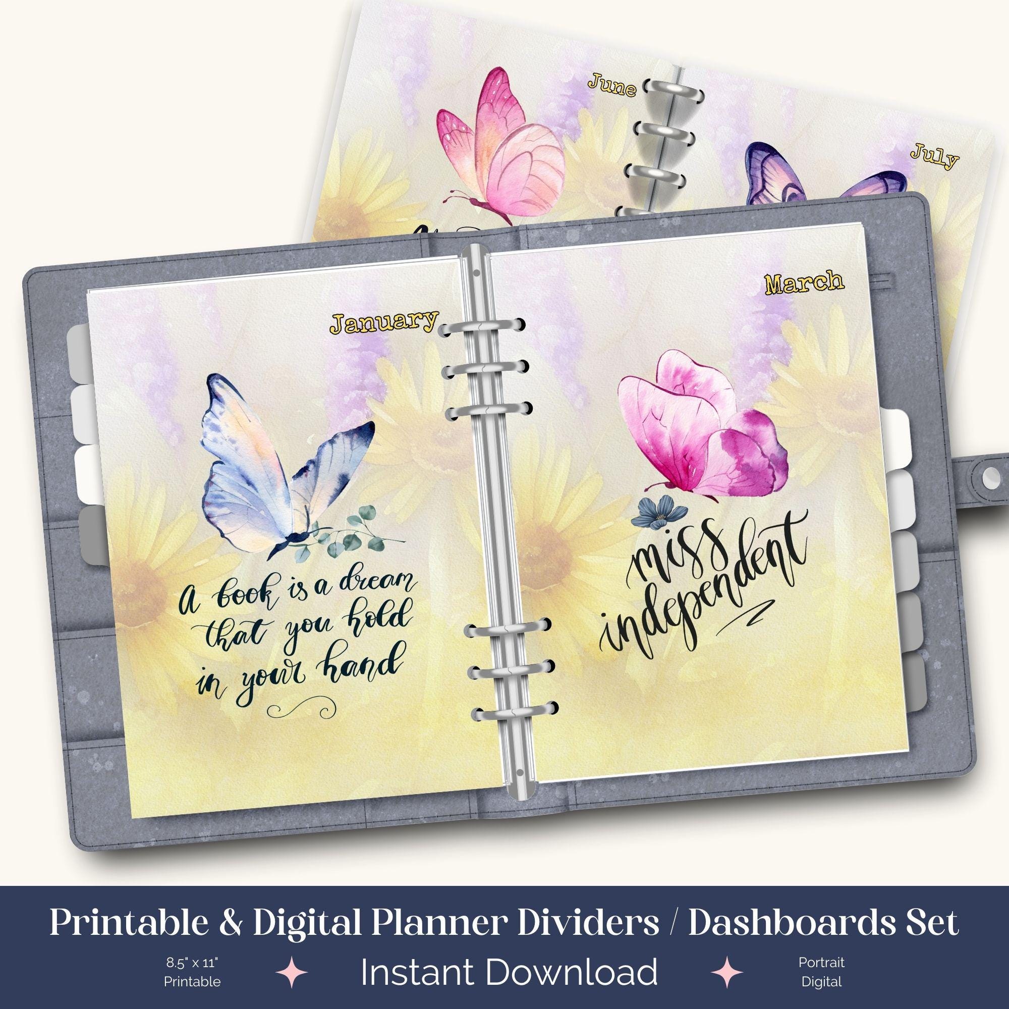 Butterfly Printable Planner Dividers, Monthly Dividers, Printable Cover ...