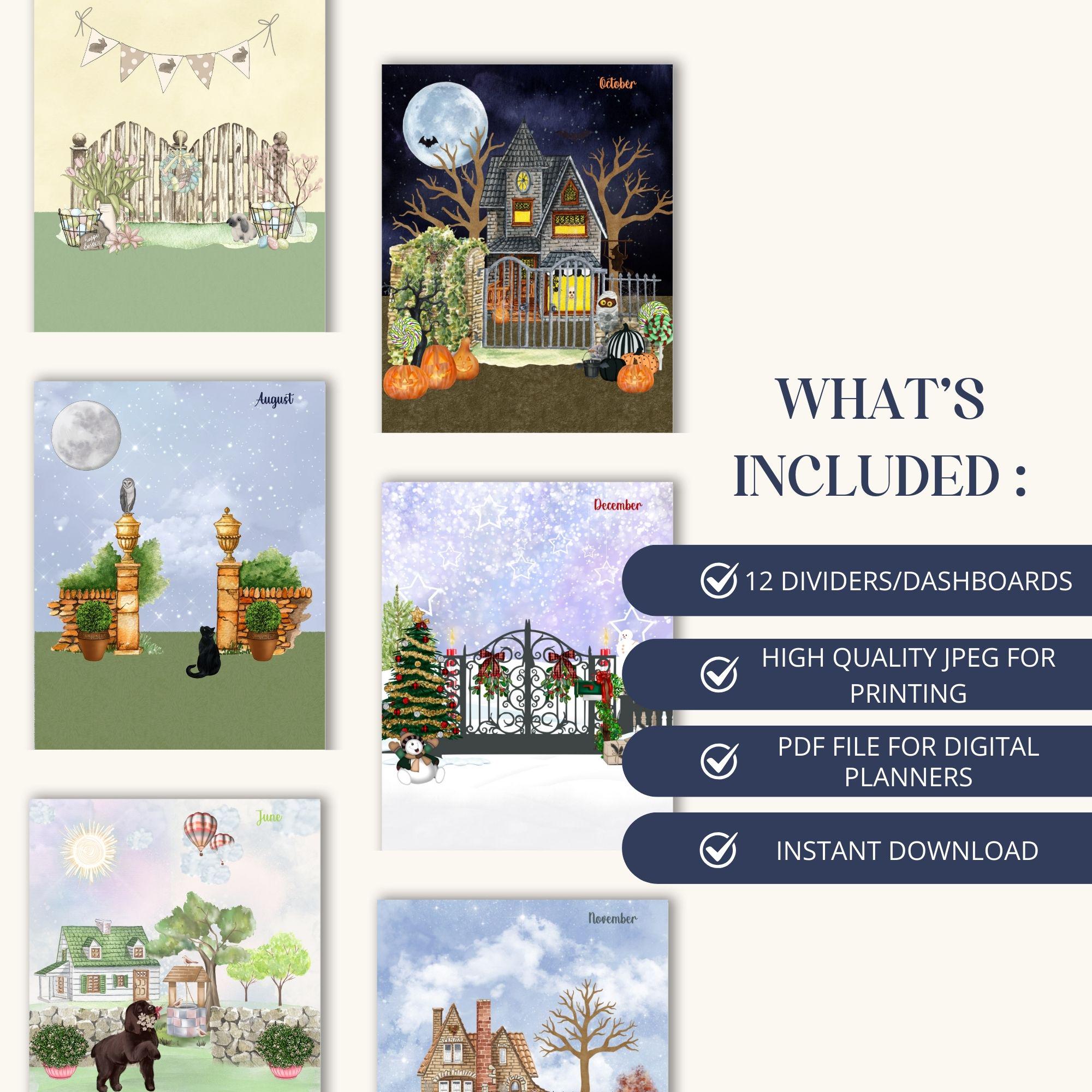 Monthly Themed Fence Scenes Printable Planner Dividers, Binder Dividers ...