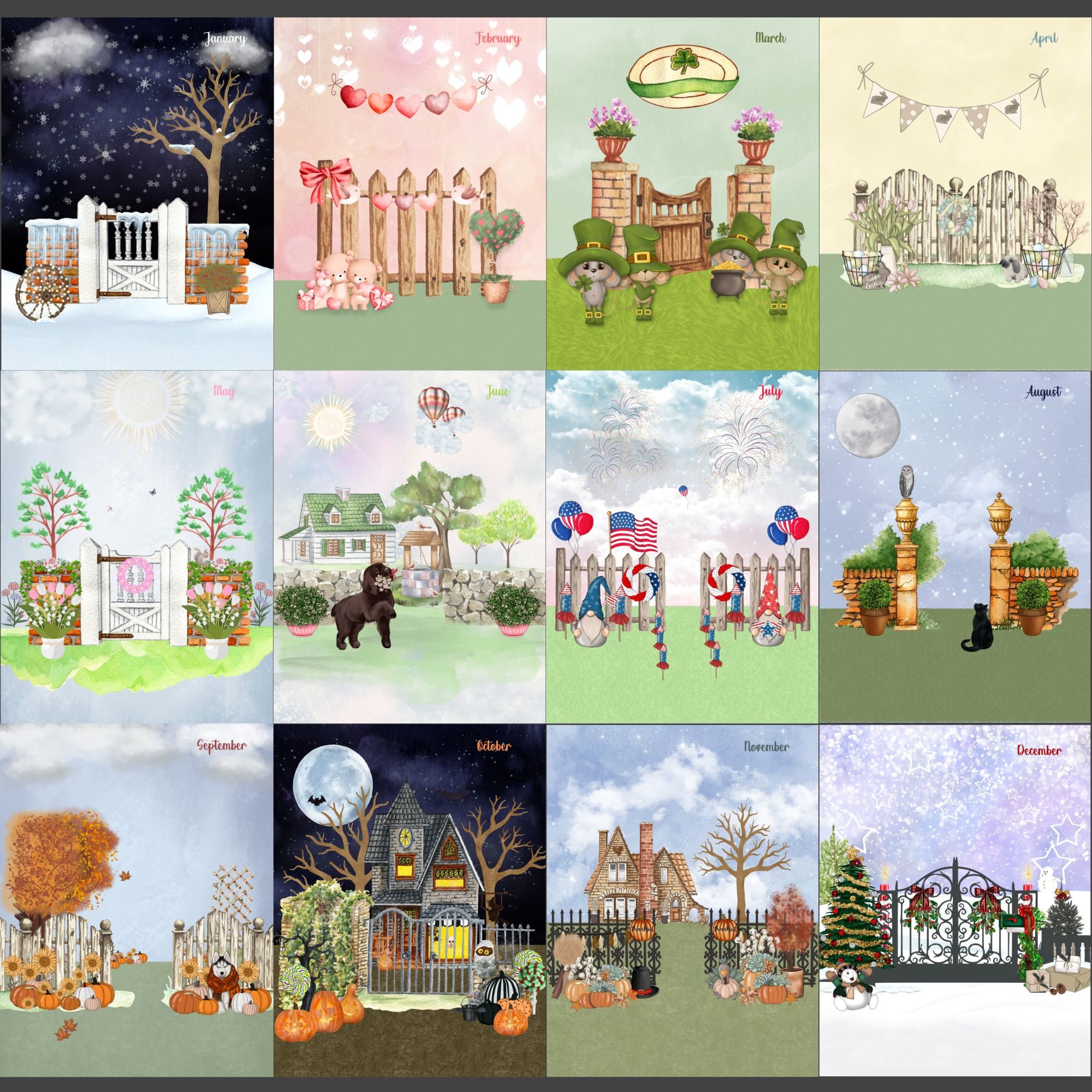 Monthly Themed Fence Scenes Printable Planner Dividers, Binder Dividers ...