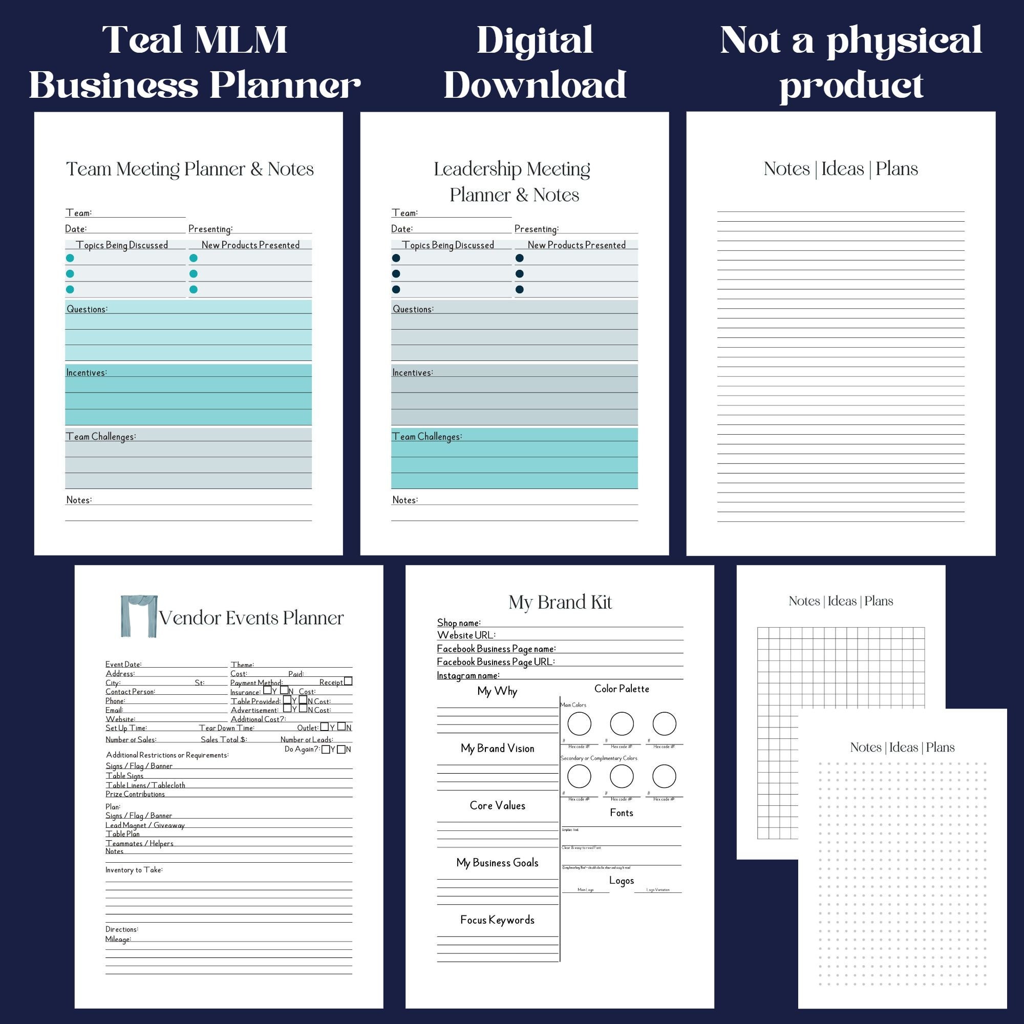 Teal MLM Business Planner, Printable Small Business Planner, Direct ...