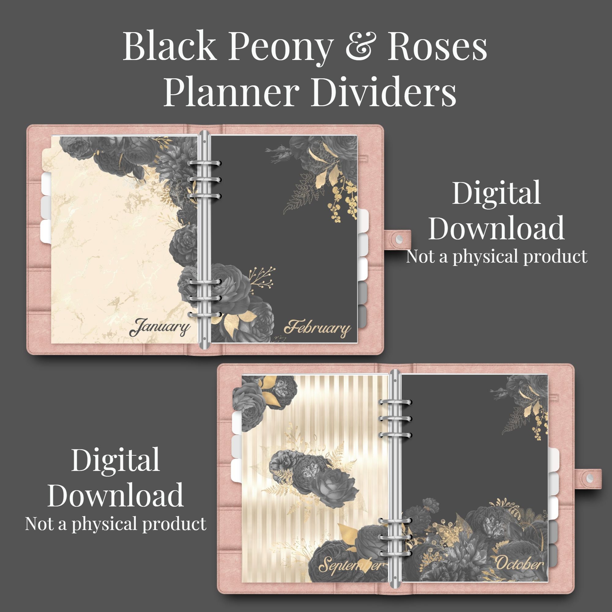 Black Peony & Roses Printable Monthly Dashboards Planner - Etsy