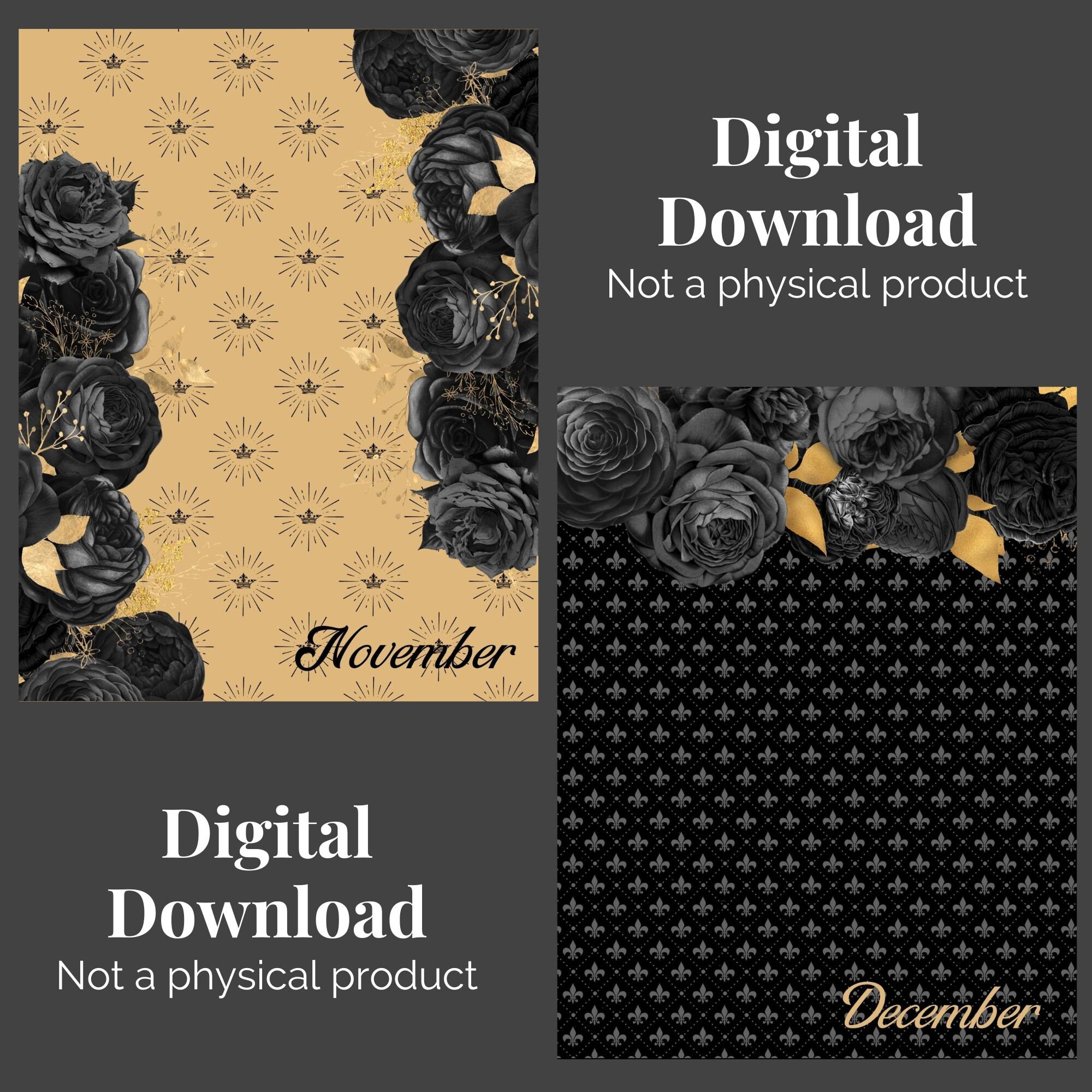 Black Peony & Roses Printable Monthly Dashboards, Planner Dividers ...