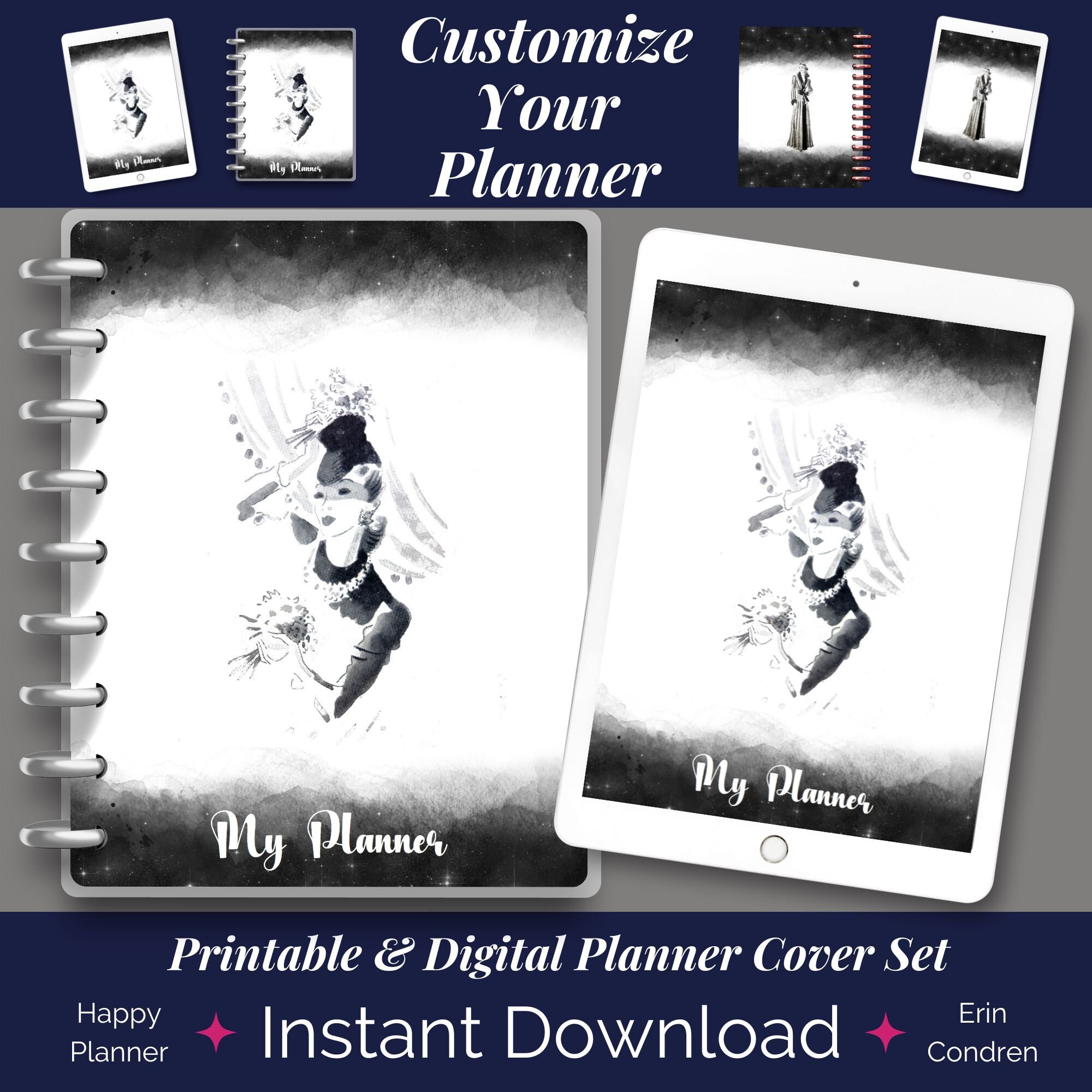 Vintage Ladies Black & White Printable Planner Covers, Printable Cover ...