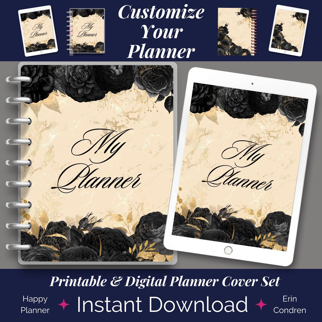 Black Peony & Roses Printable Planner Covers, Printable Cover Page ...