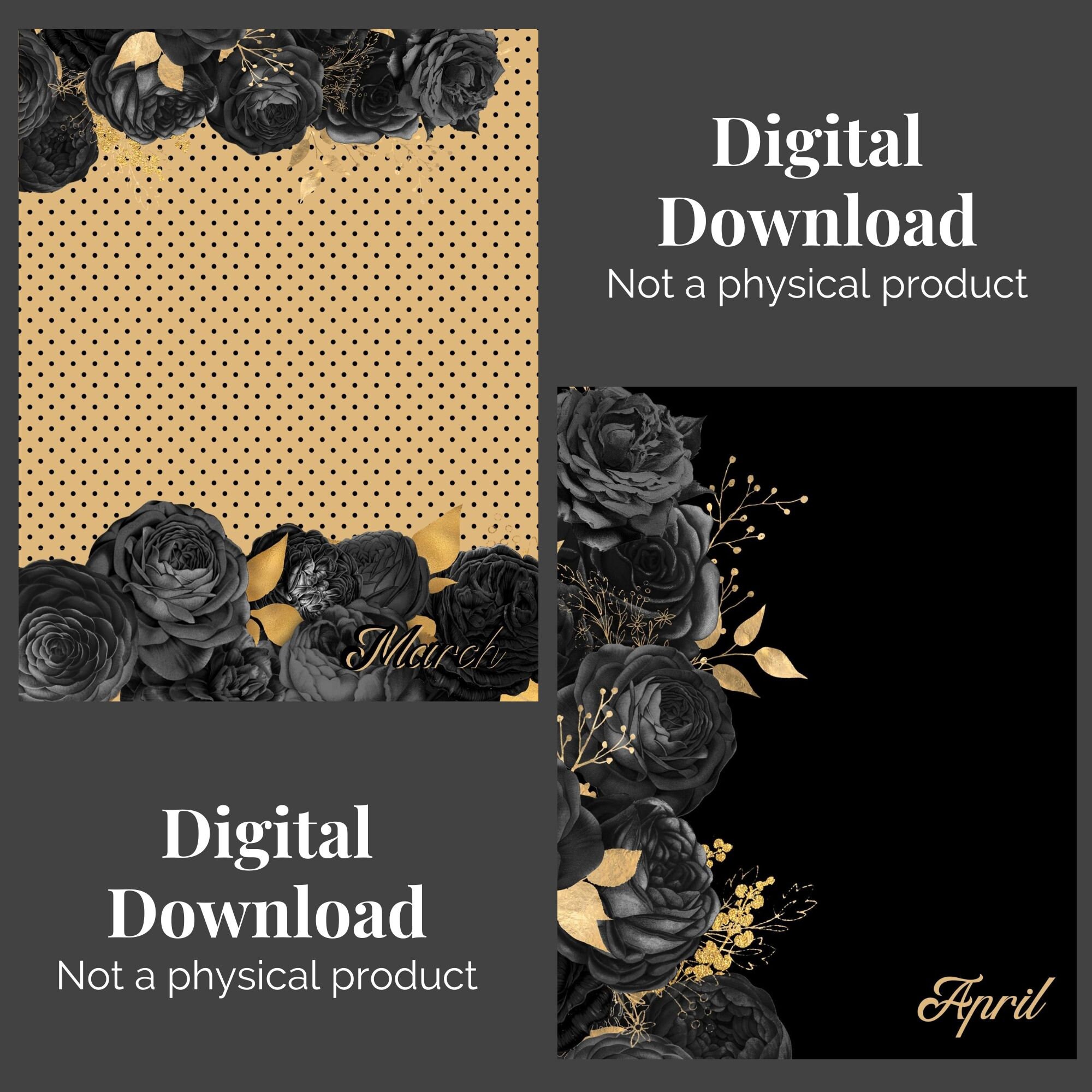 Black Peony & Roses Printable Monthly Dashboards, Planner Dividers ...