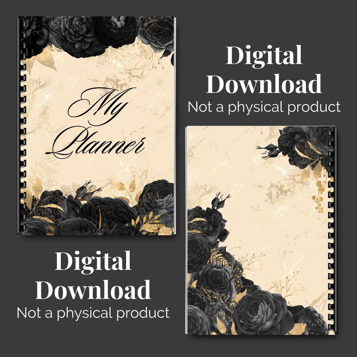 Black Peony & Roses Printable Planner Covers, Printable Cover Page ...