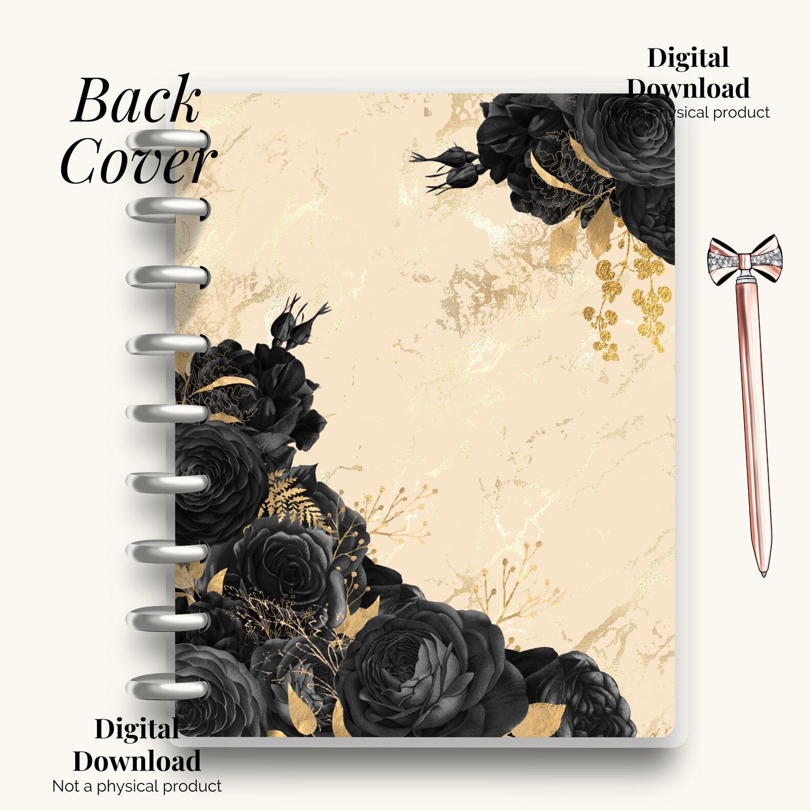 Black Peony & Roses Printable Planner Covers, Printable Cover Page ...