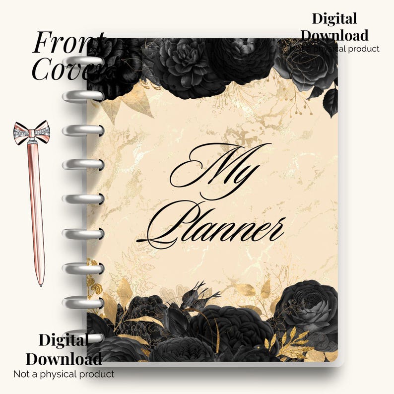 Black Peony & Roses Printable Planner Covers, Printable Cover Page ...