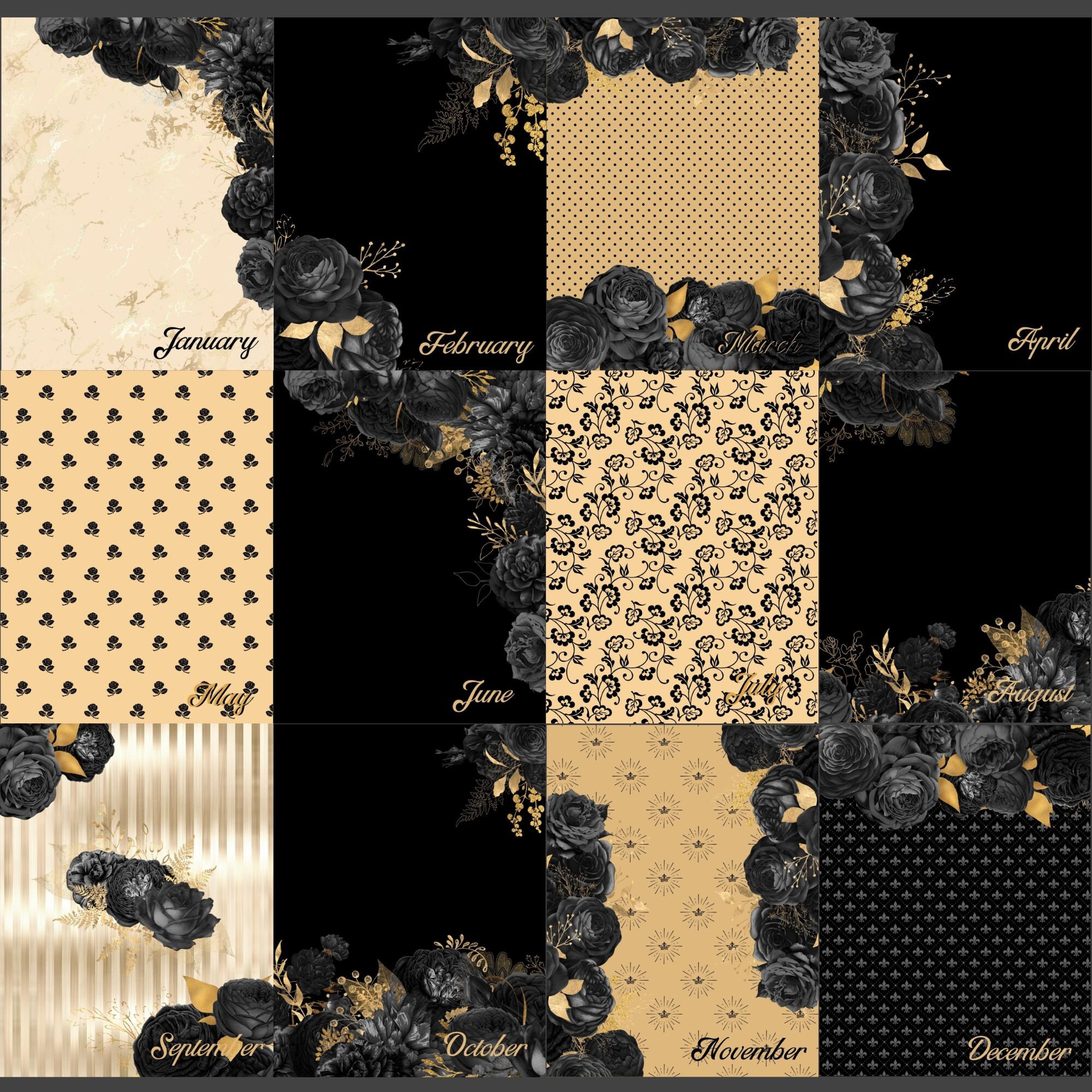 Black Peony & Roses Printable Monthly Dashboards, Planner Dividers ...