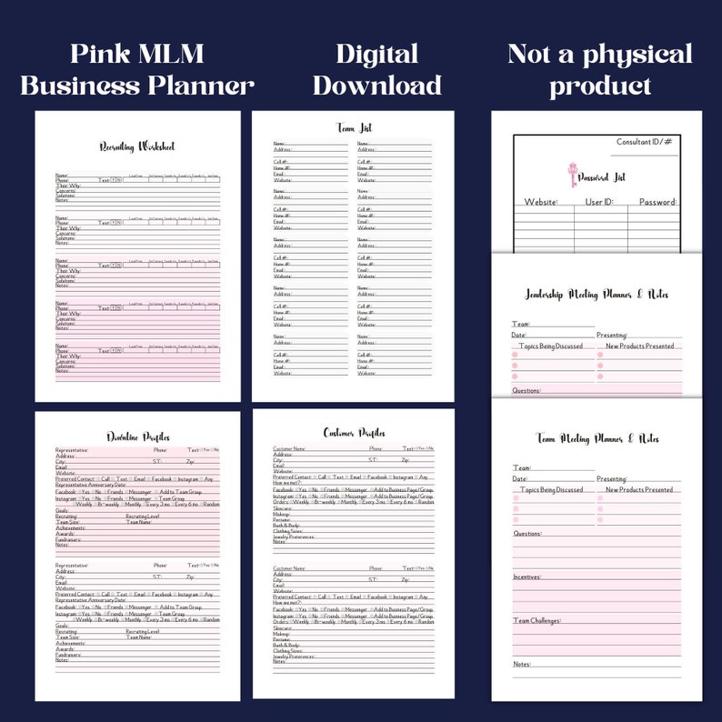 Pink MLM Business Planner, Printable Small Business Planner, Direct ...