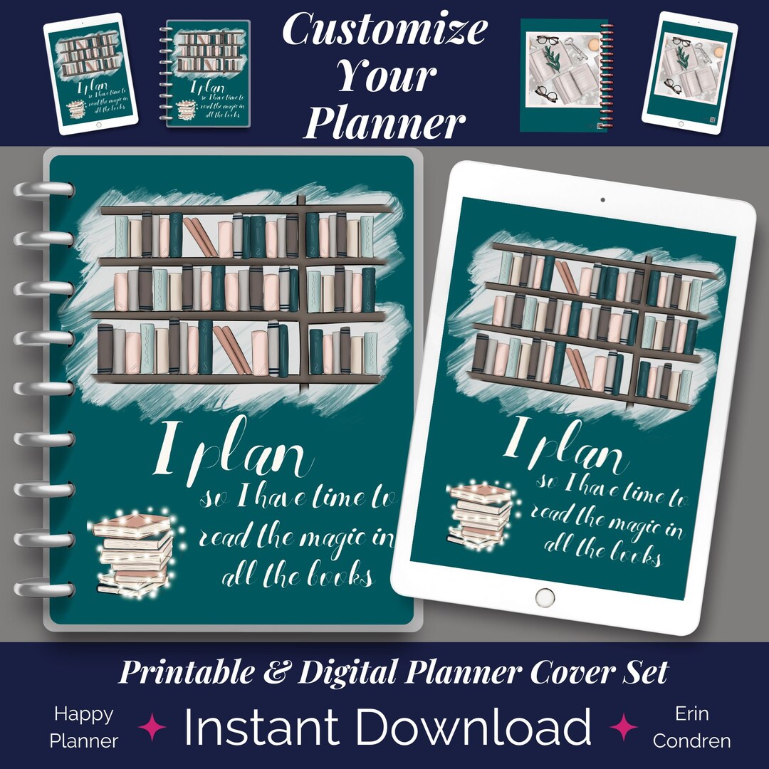 Teal Book Lovers Planner Covers, Printable Dashboard, Notebook Journal ...