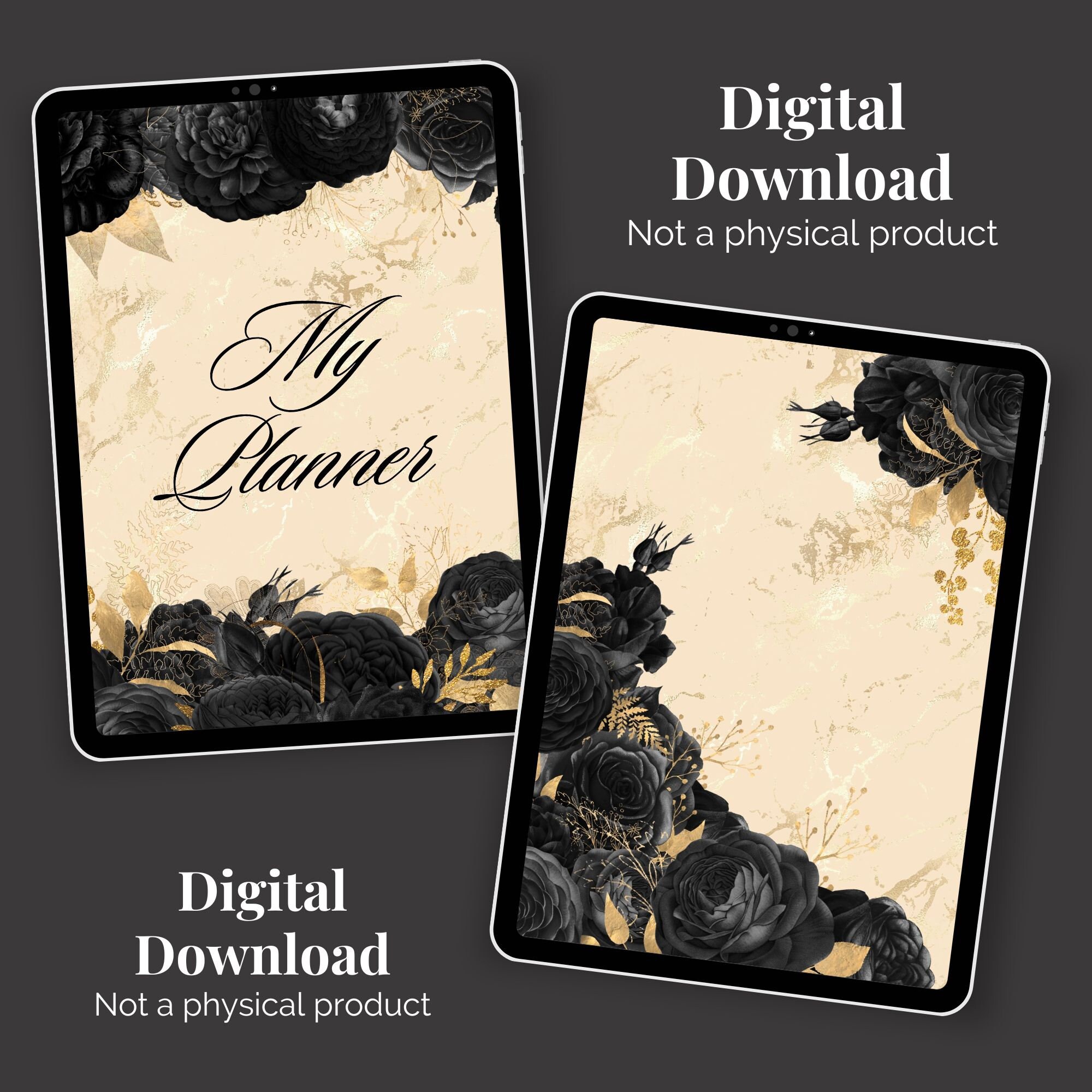 Black Peony & Roses Printable Planner Covers, Printable Cover Page ...