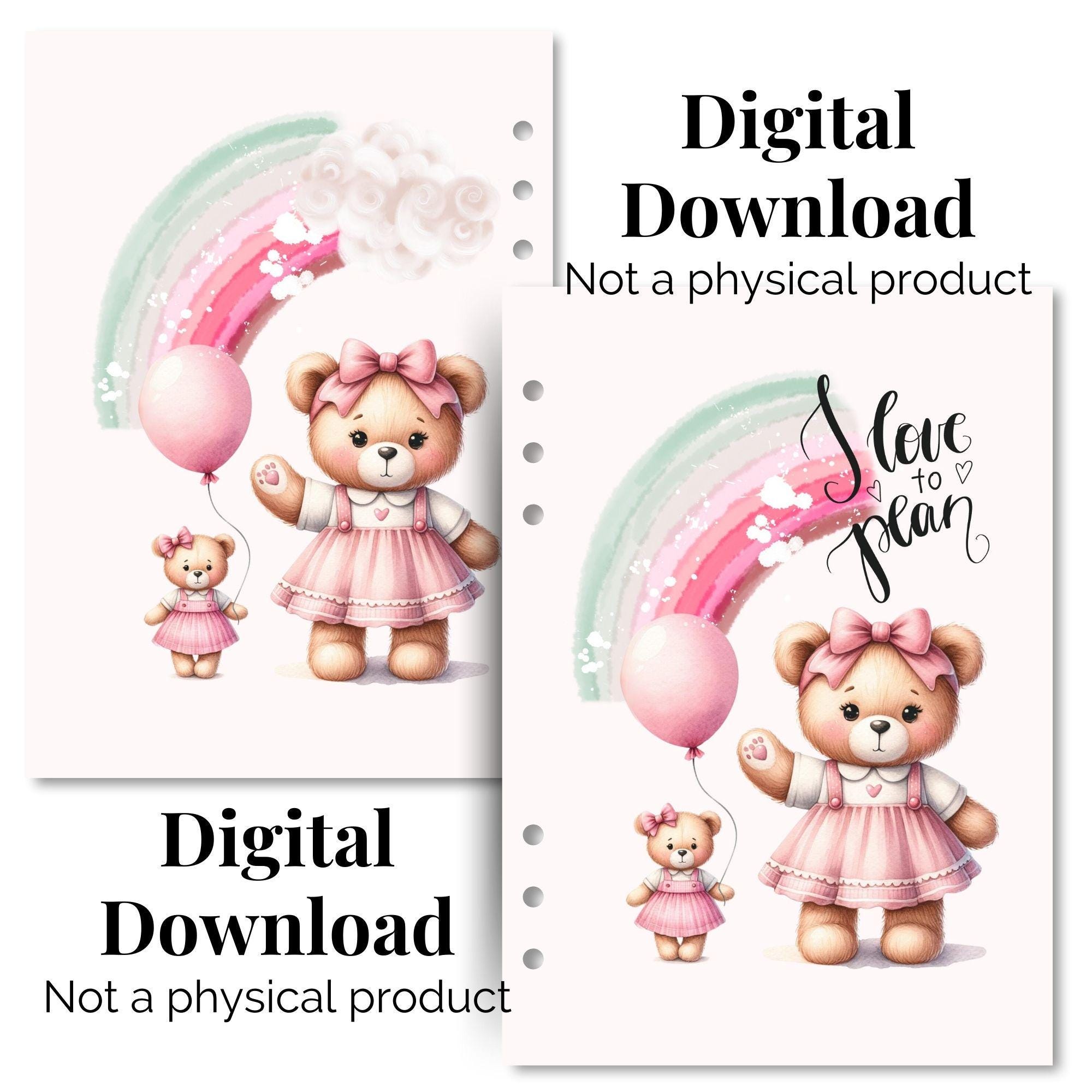 Pink Baby Bear Printable Planner Covers, Printable Cover Page, Notebook ...