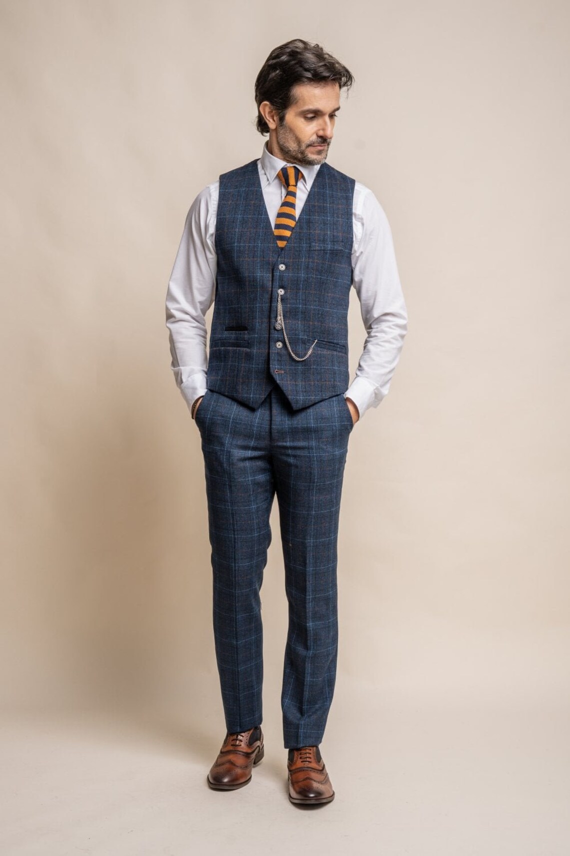 Mens 3 Piece Suit Navy Blue Check Slim Fit Wedding Formal Prom Peaky ...