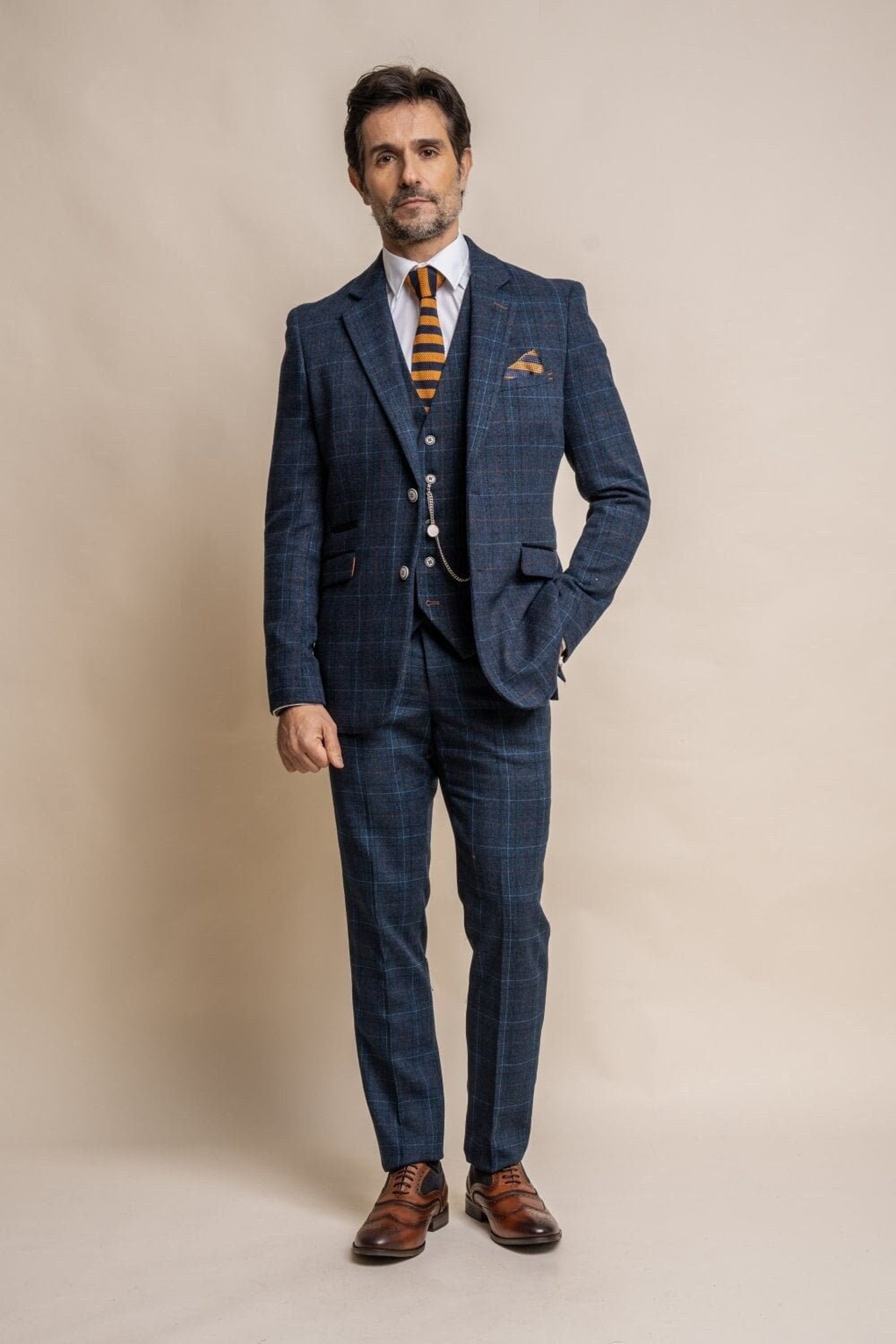 Mens 3 Piece Suit Navy Blue Check Slim Fit Wedding Formal Prom Peaky ...